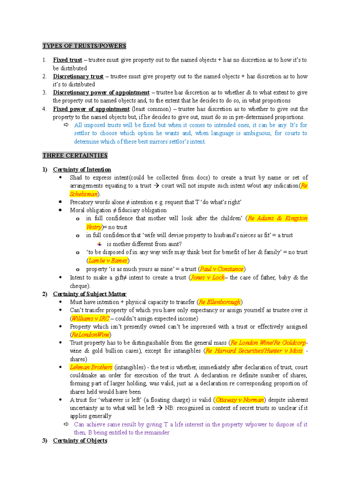 Types of trusts and 3 certainties - TYPES OF TRUSTS/POWERS 1. Fixed ...