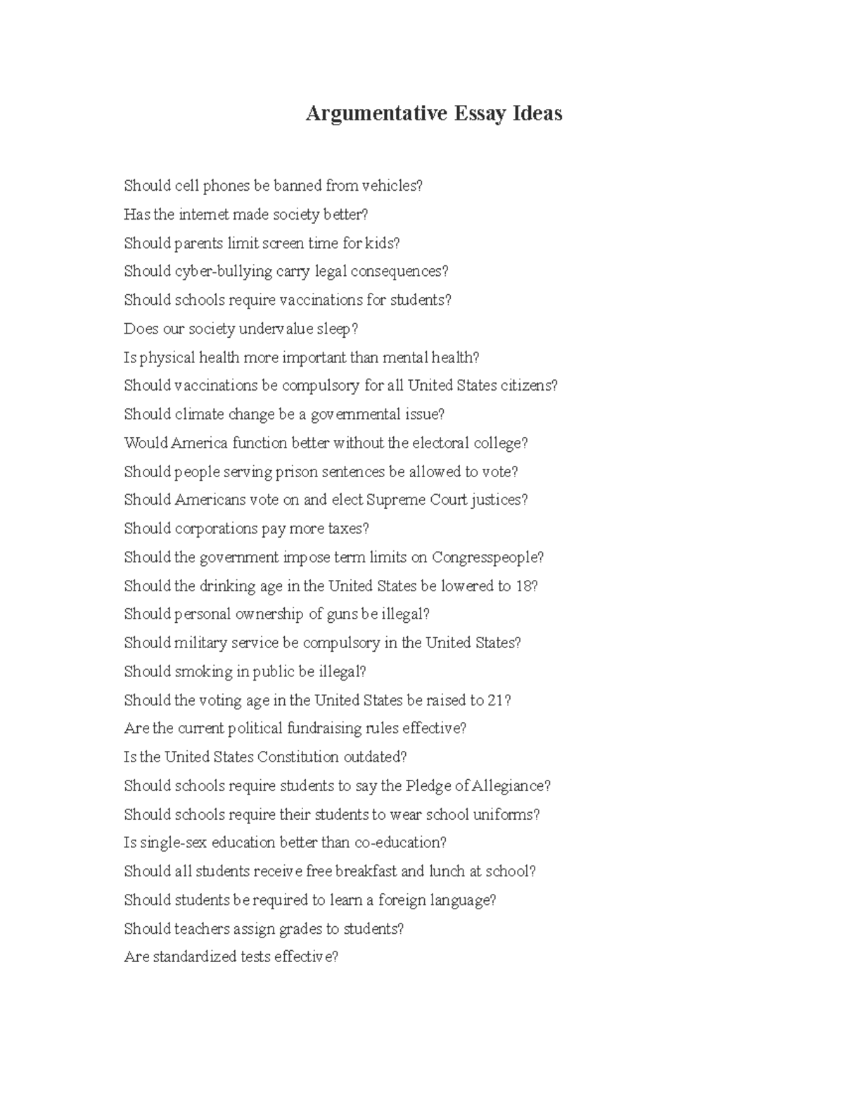 Argumentative Essay Topics - Argumentative Essay Ideas Should cell ...