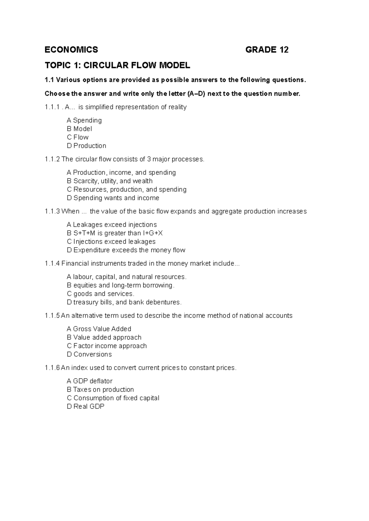 Topic 1 Activities - notes - ECONOMICS GRADE 12 TOPIC 1: CIRCULAR FLOW ...