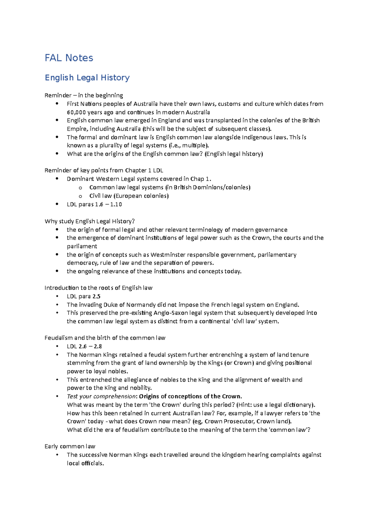 Extended FAL Notes - FAL Notes English Legal History Reminder – in the ...