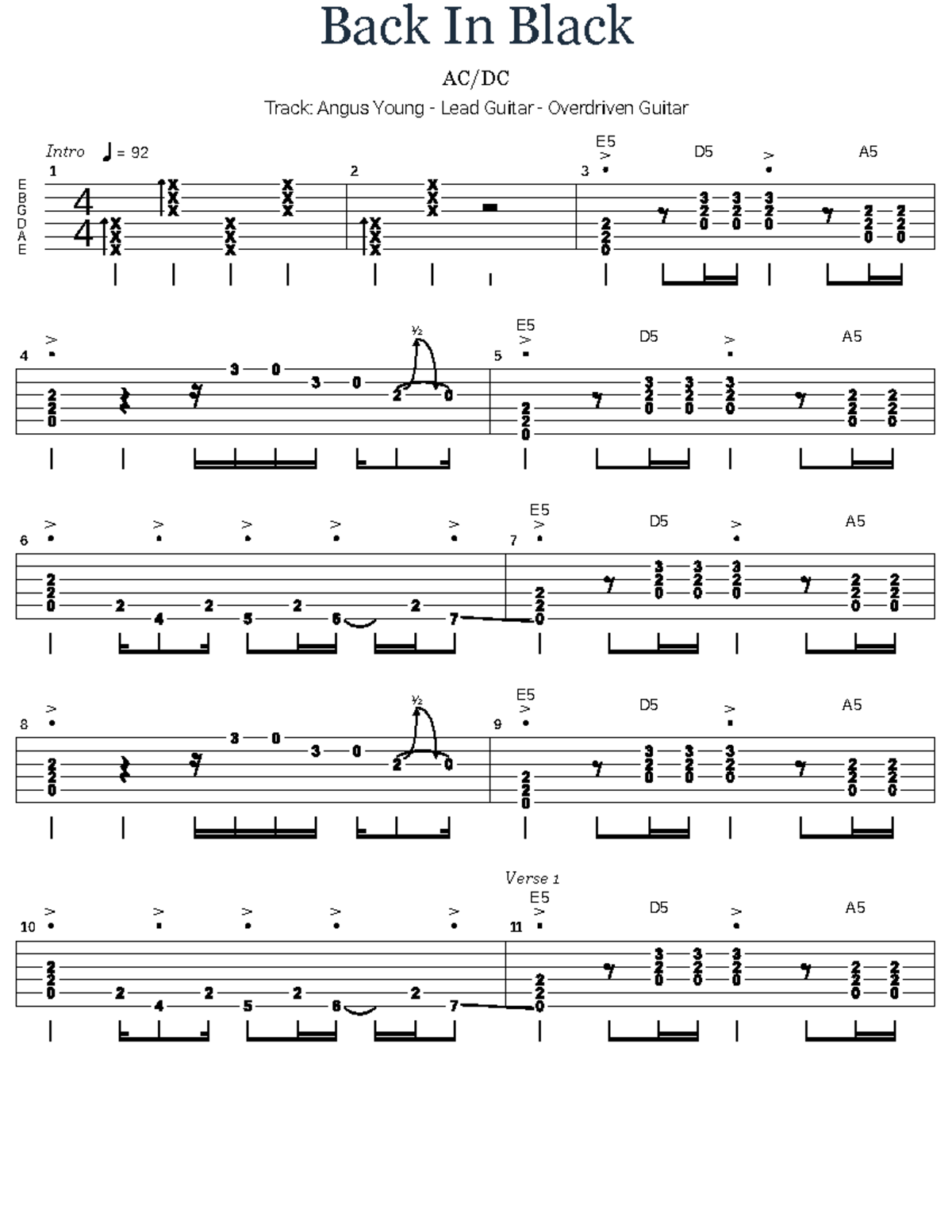 Back In Black Tab by AC DC Songsterr Tabs with Rhythm - E B G D A E ...