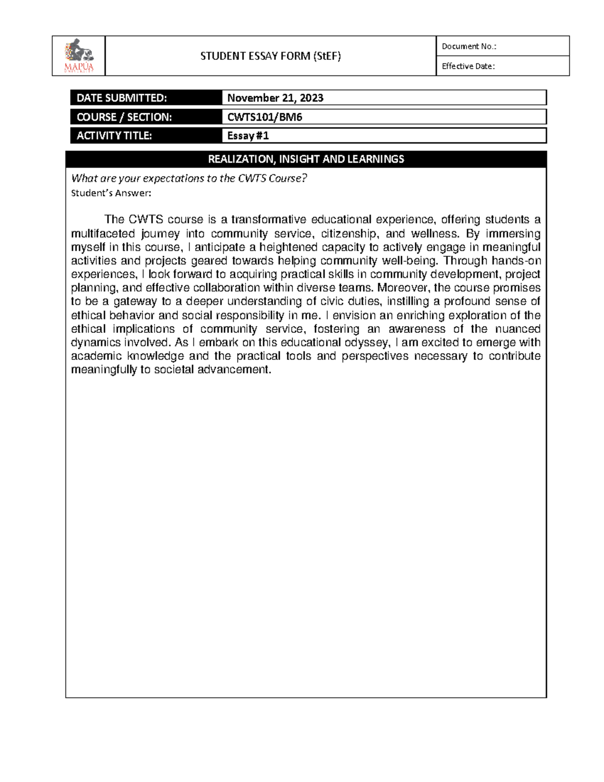 Cwts101 bm6 essay 1 ln - STUDENT ESSAY FORM (StEF) Document No ...
