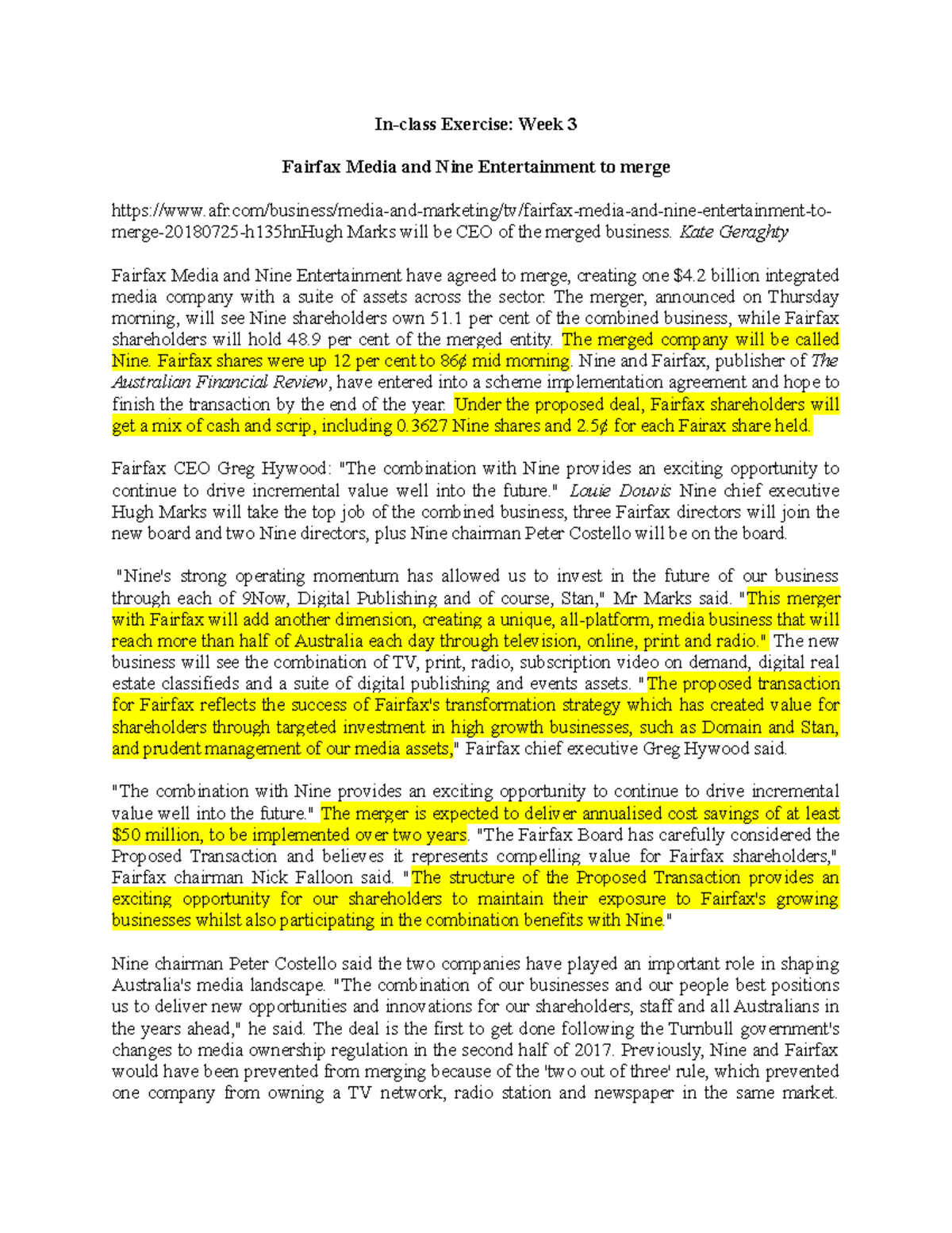 ABC - Tut2 - Week 3 - In-class Exercise: Week 3 Fairfax Media and Nine Entertainment to merge ...