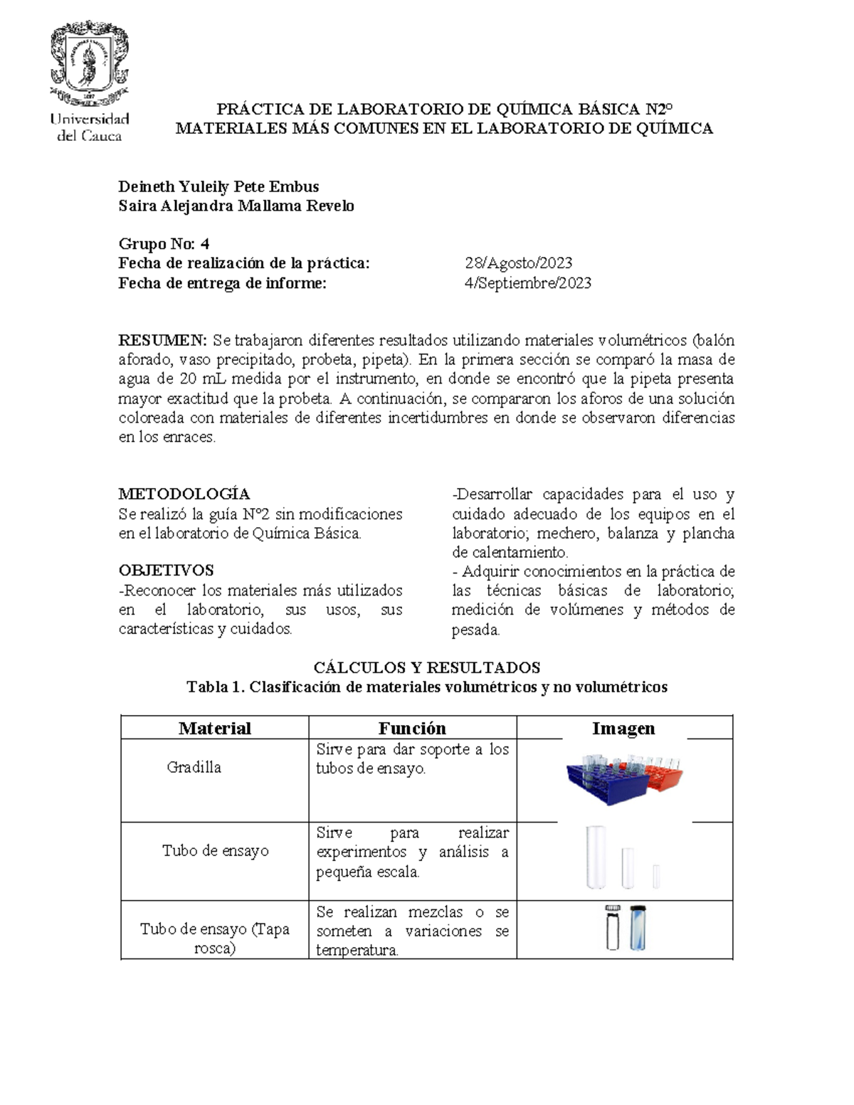 Informe quimica básica - PRÁCTICA DE LABORATORIO DE QUÍMICA BÁSICA N2° MATERIALES MÁS COMUNES EN ...