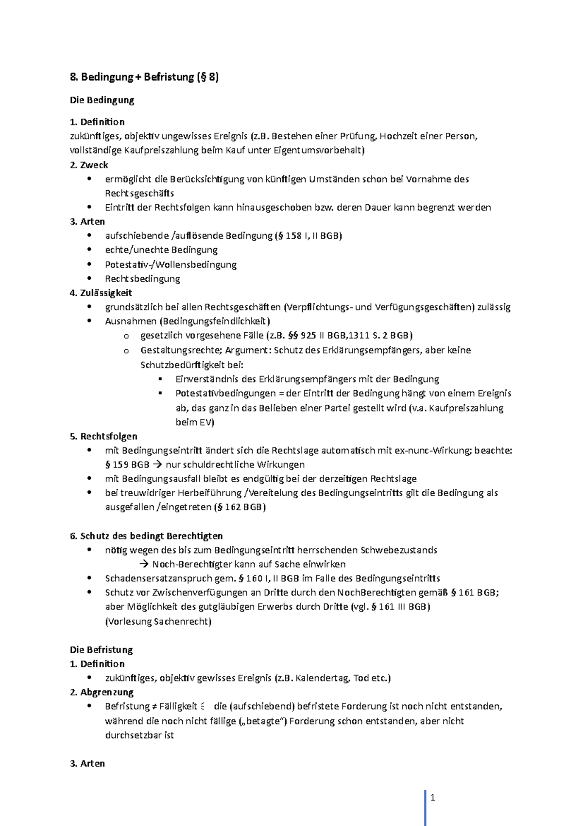 BGB at §8 Bedingung und Befristung - 8. Bedingung + Befristung (§ 8 ...