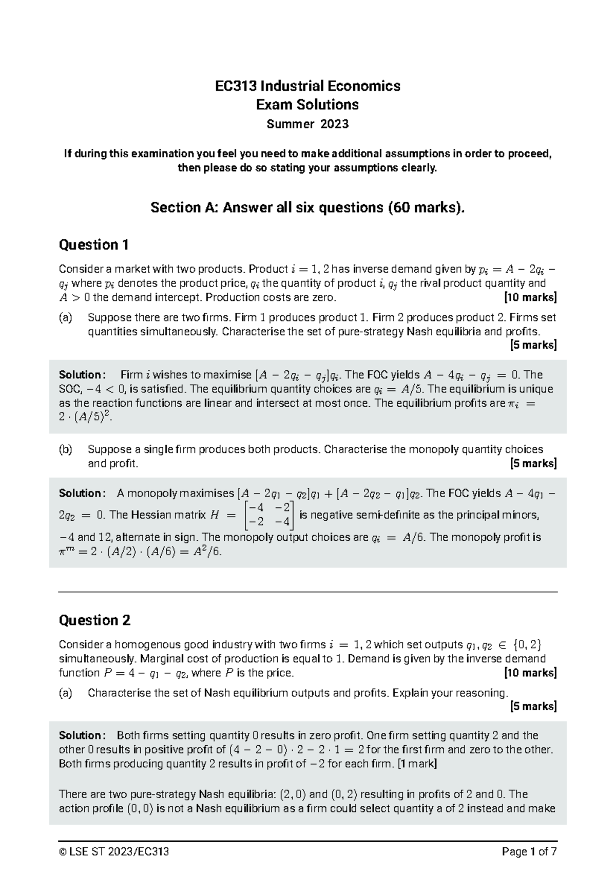 Solution EC313 ST 2023 - EC313 Industrial Economics Exam Solutions ...