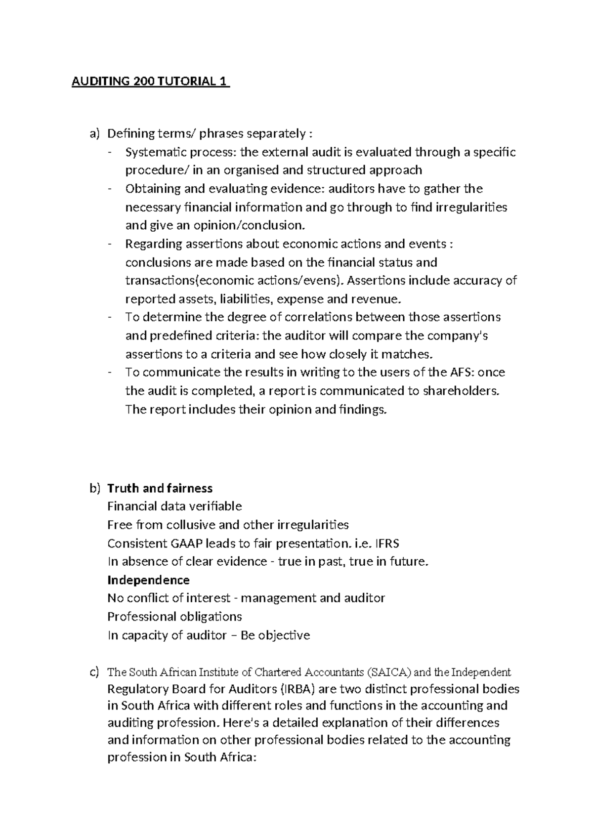 Auditing 200 Tutorial 1 - AUDITING 200 TUTORIAL 1 a) Defining terms/ phrases separately ...