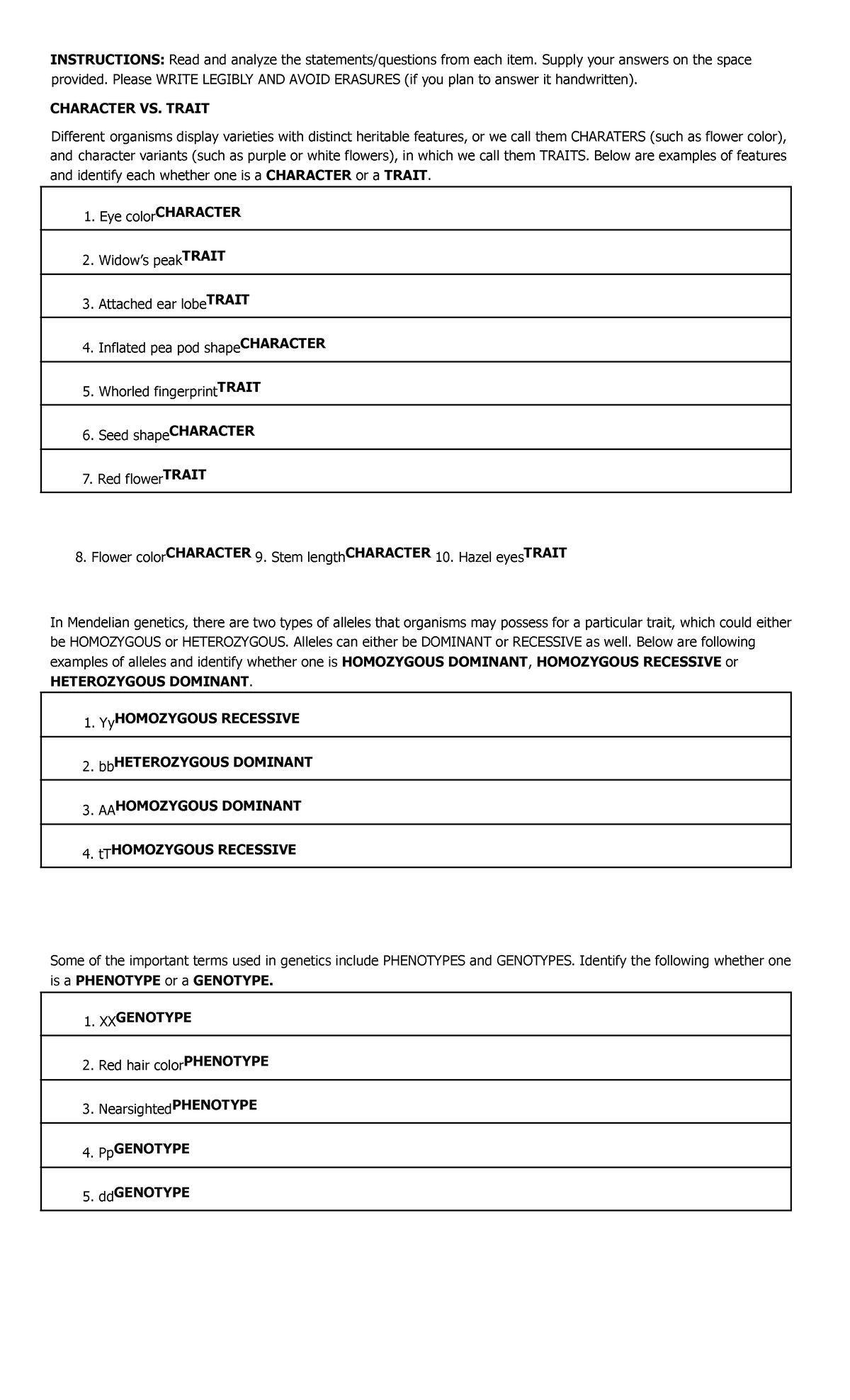 BIO 02 - CHARACTER VS. TRAIT - INSTRUCTIONS: Read and analyze the statements/questions from each ...