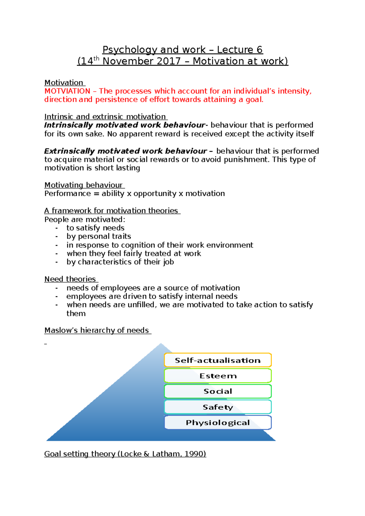 Lecture 6 - Motivation at work - Psychology and work – Lecture 6 ( th ...