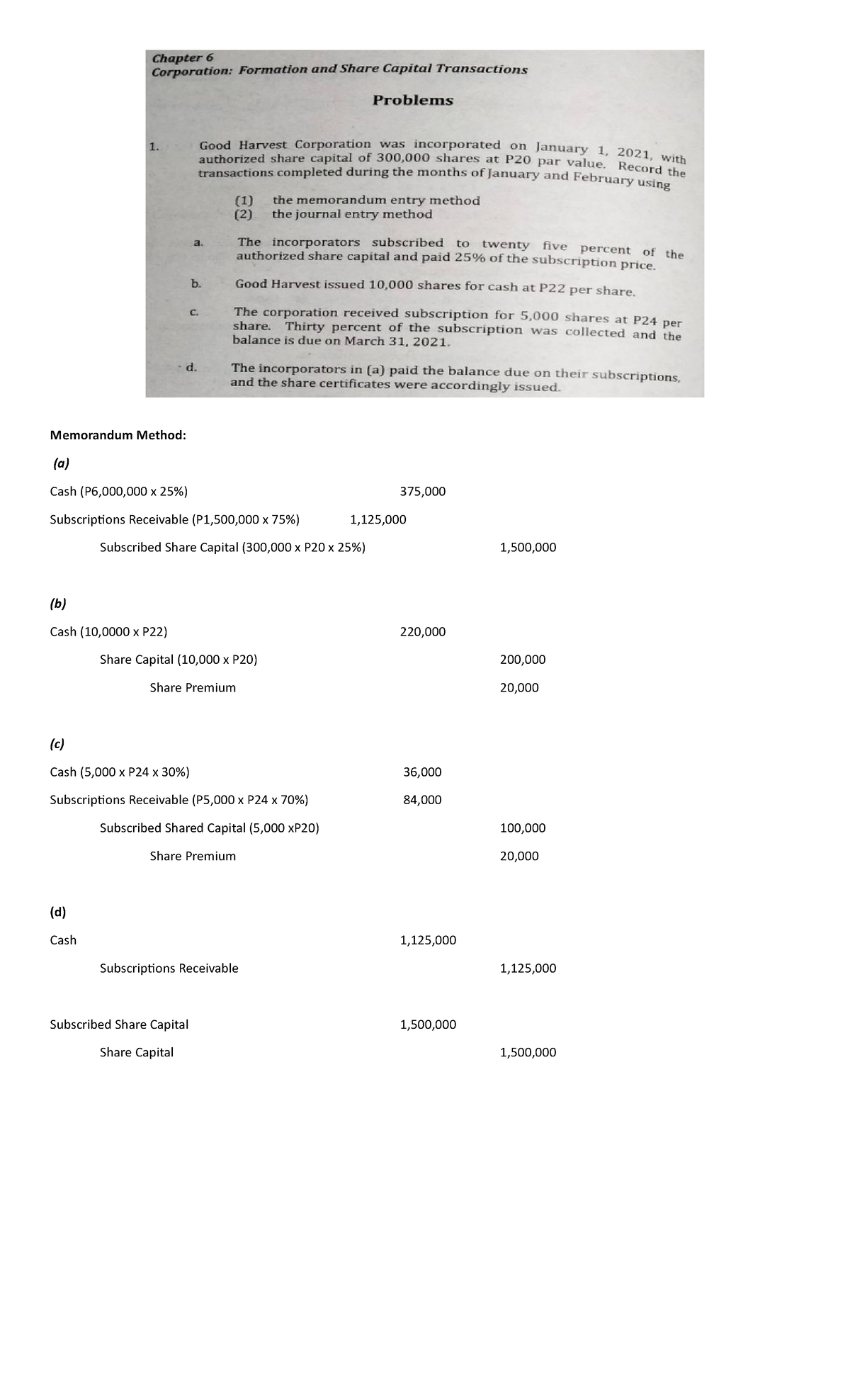 Chapter 6 1, 2, 3, 4, 6 - activity - Memorandum Method: (a) Cash (P6,000,000 x 25%) 375, - Studocu