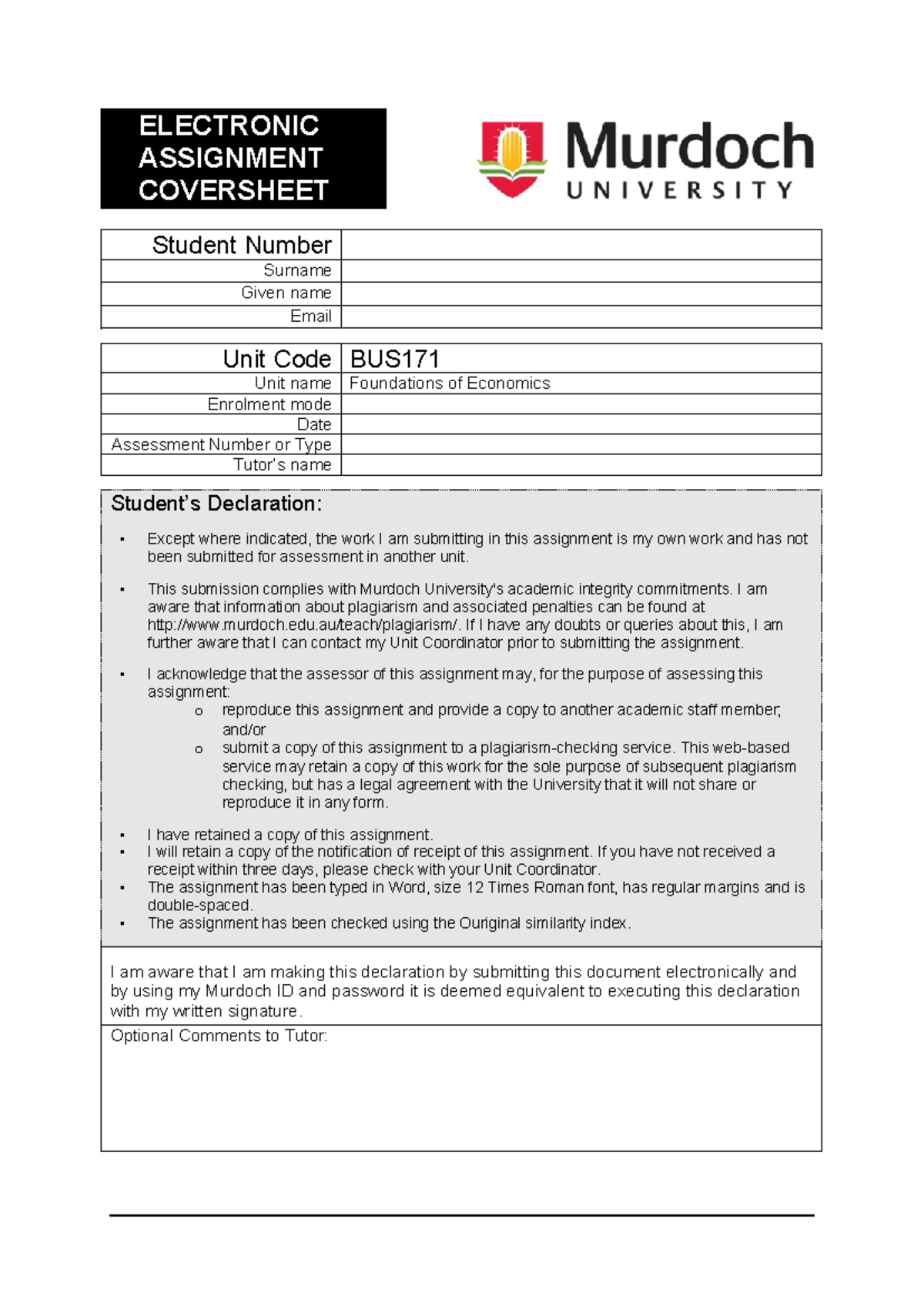 BUS171 Assignment Cover Sheet - ELECTRONIC ASSIGNMENT COVERSHEET ...