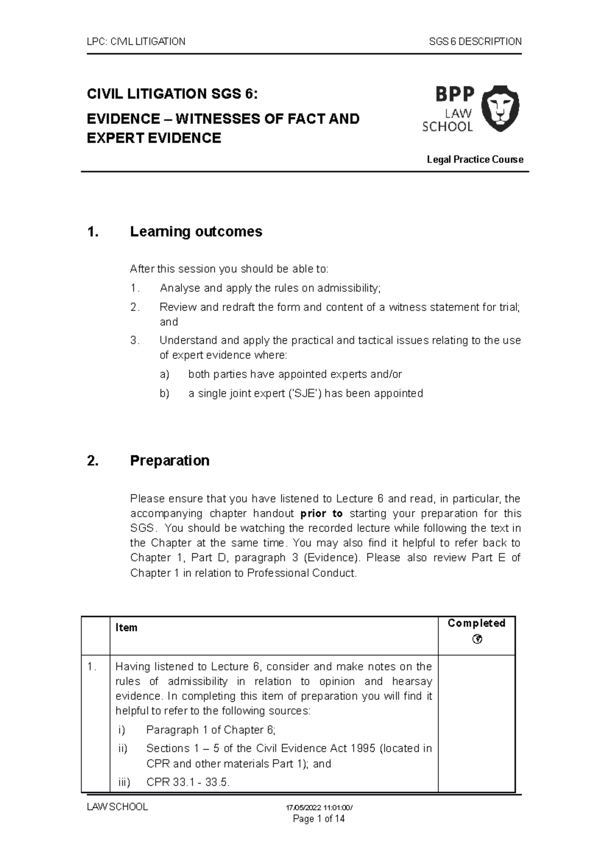 Civil Litigation SGS 6 Description - LPC: CIVIL LITIGATION SGS 6 ...