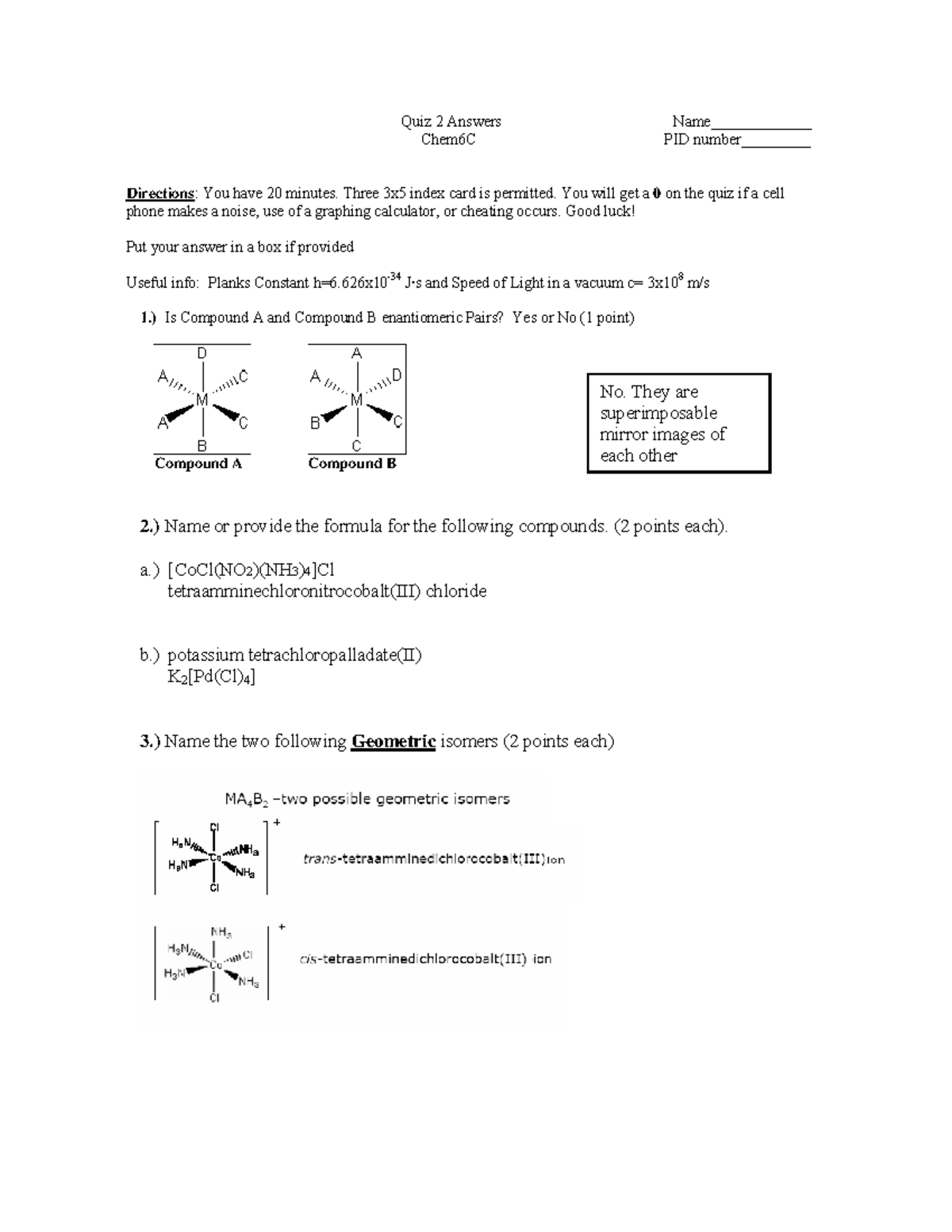 Sections 1 3 - Chemistry - Quiz 2 Answers Name_____________ Chem6C PID ...