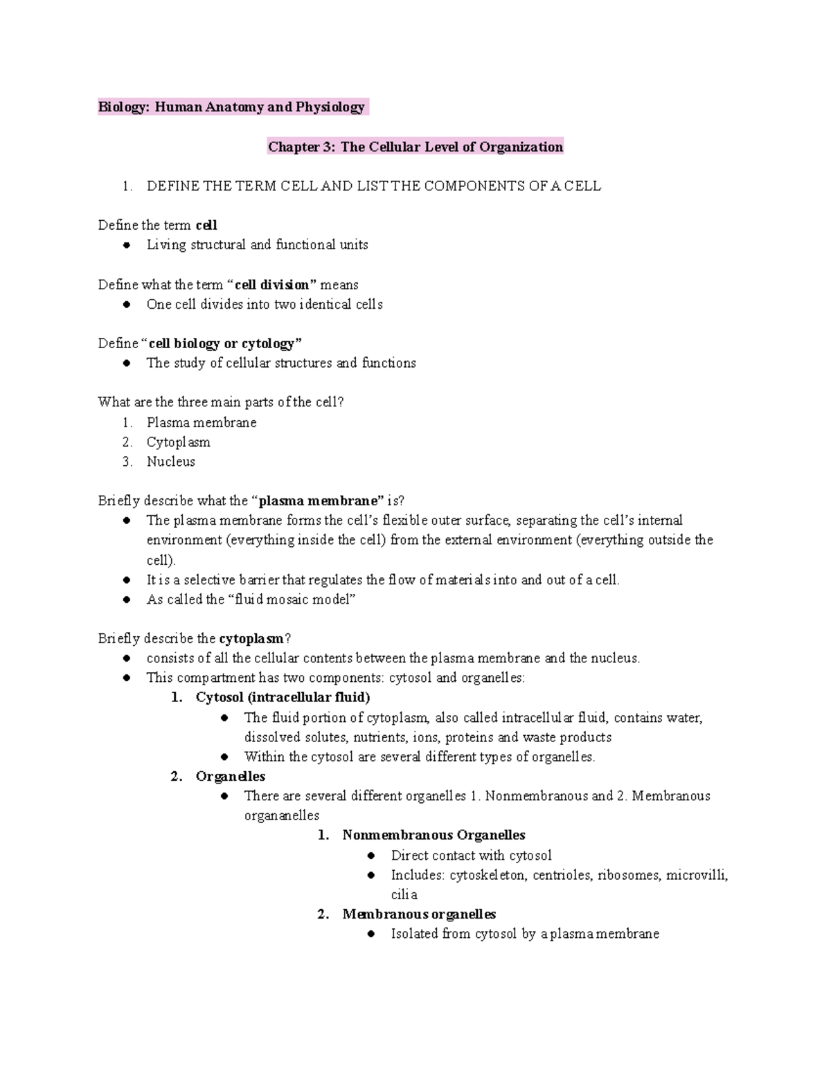 BIO Ch 3- Cellular Level of Organization - Biology: Human Anatomy and ...