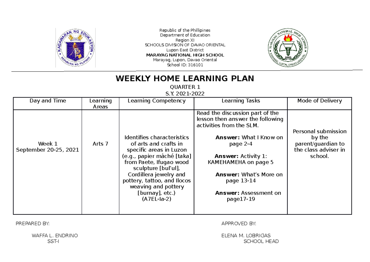 Weekly homelearning plan in Mapeh 7 - Republic of the Phillipines ...