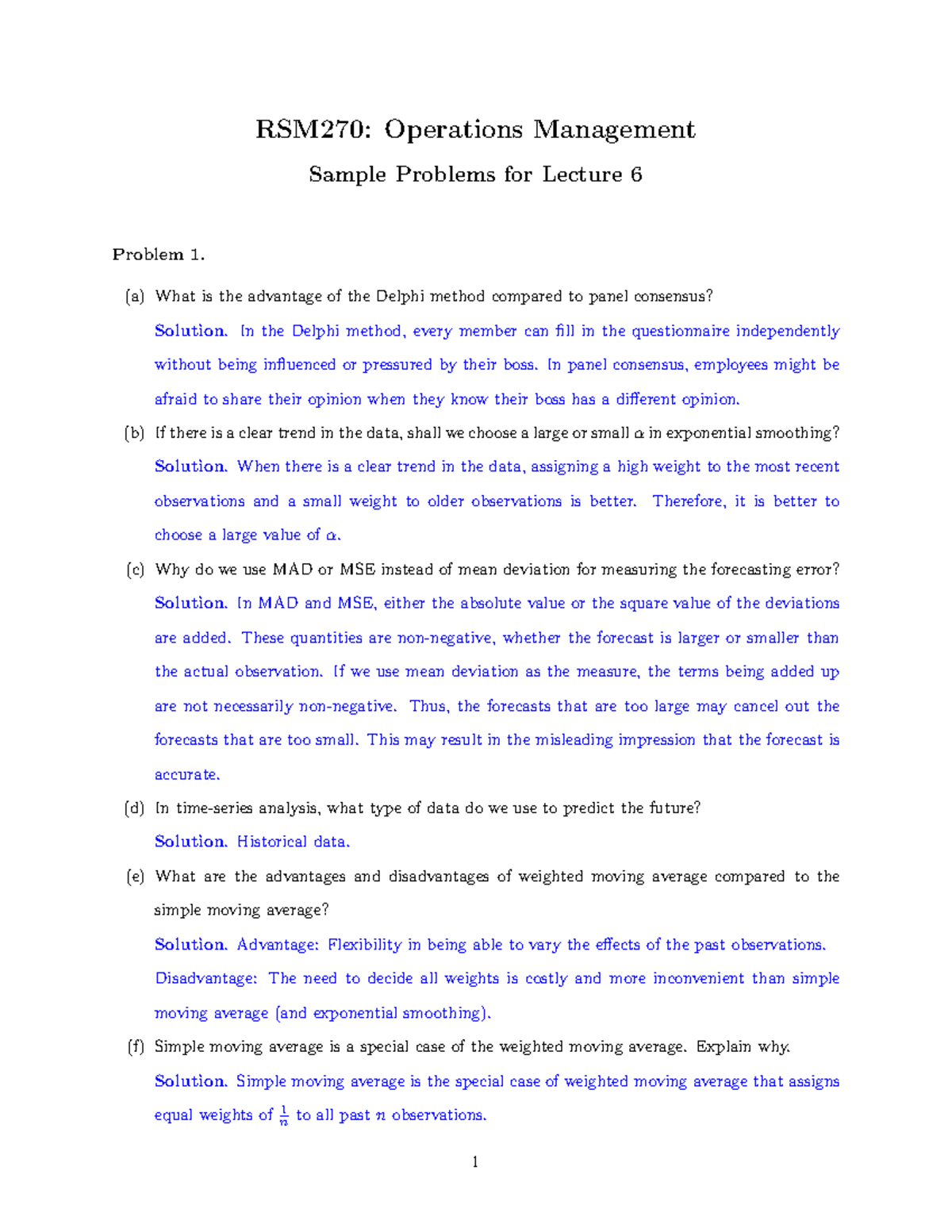 Sample Problems - Lecture 6 - With Solutions - RSM270: Operations ...