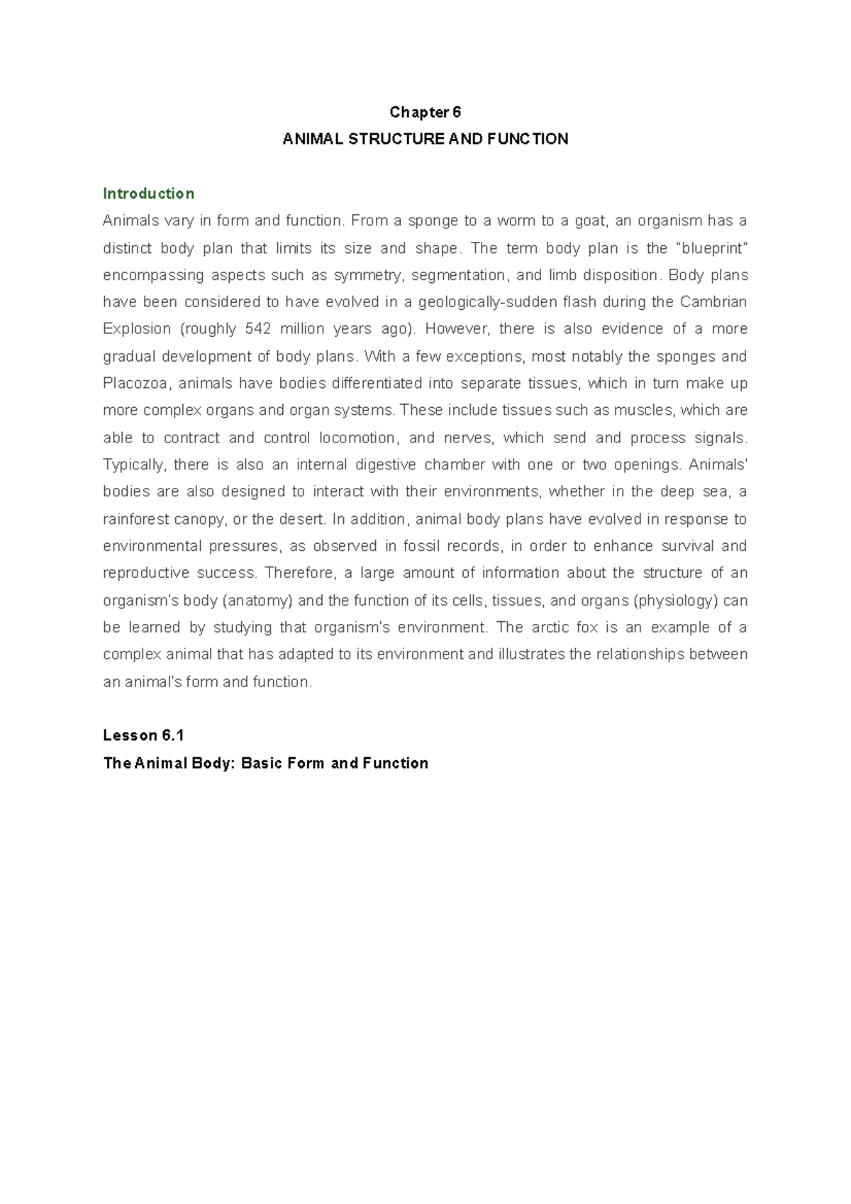 Lesson 6.1 Animal Body Basic Form and Function - Chapter 6 ANIMAL ...