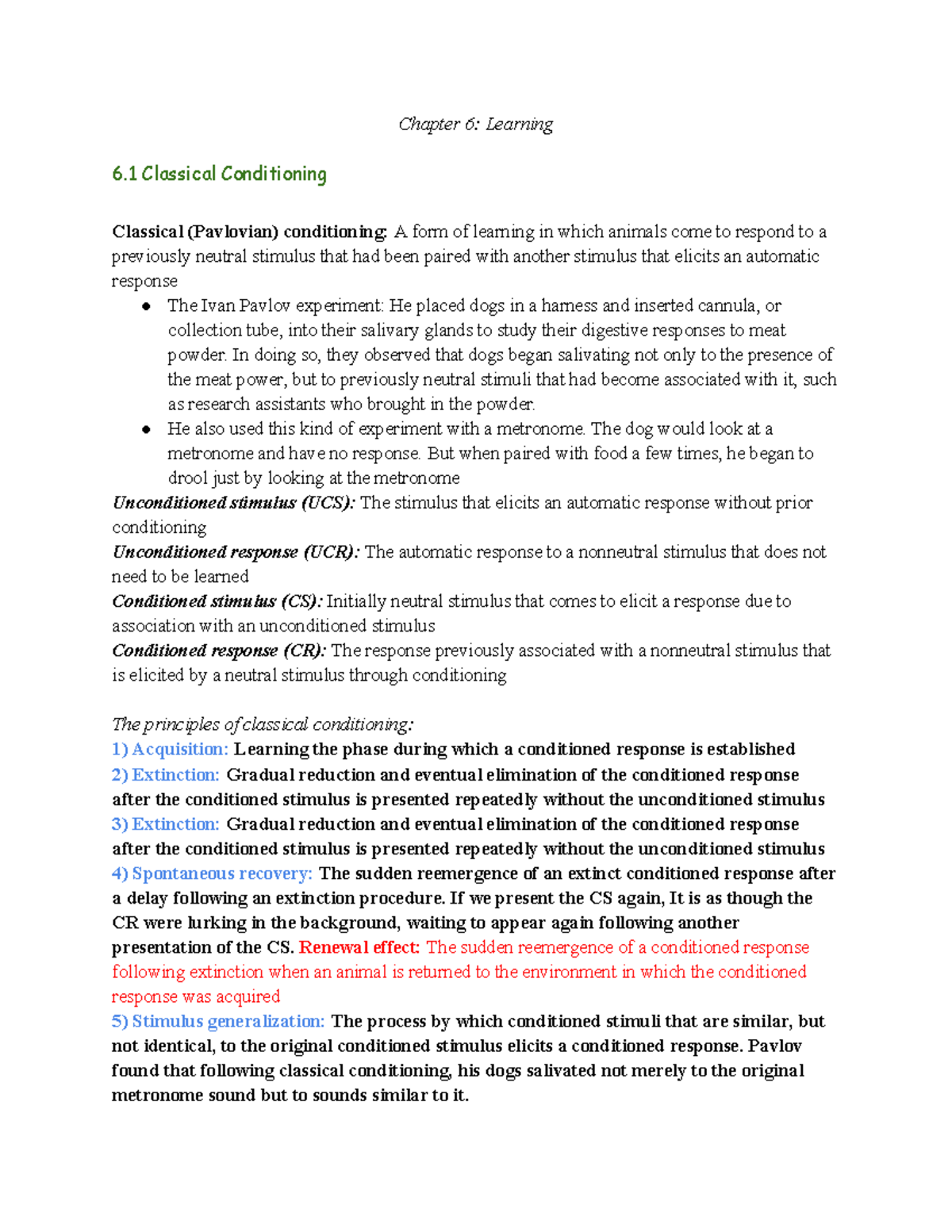 Psych 1150 Chapter 6 - Chapter 6: Learning 6 Classical Conditioning Classical (Pavlovian) - Studocu