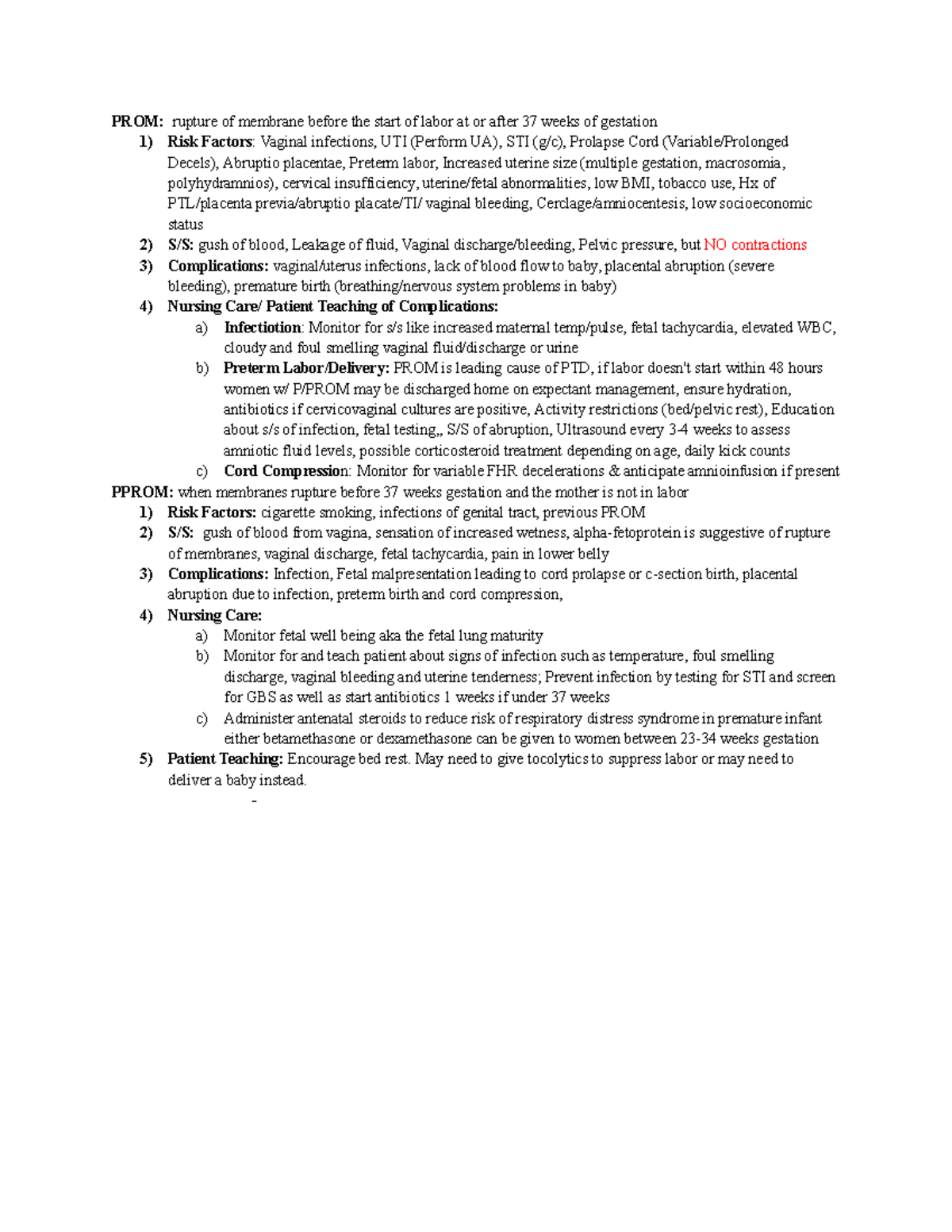 OB Page 2 - Notes - PROM: rupture of membrane before the start of labor ...