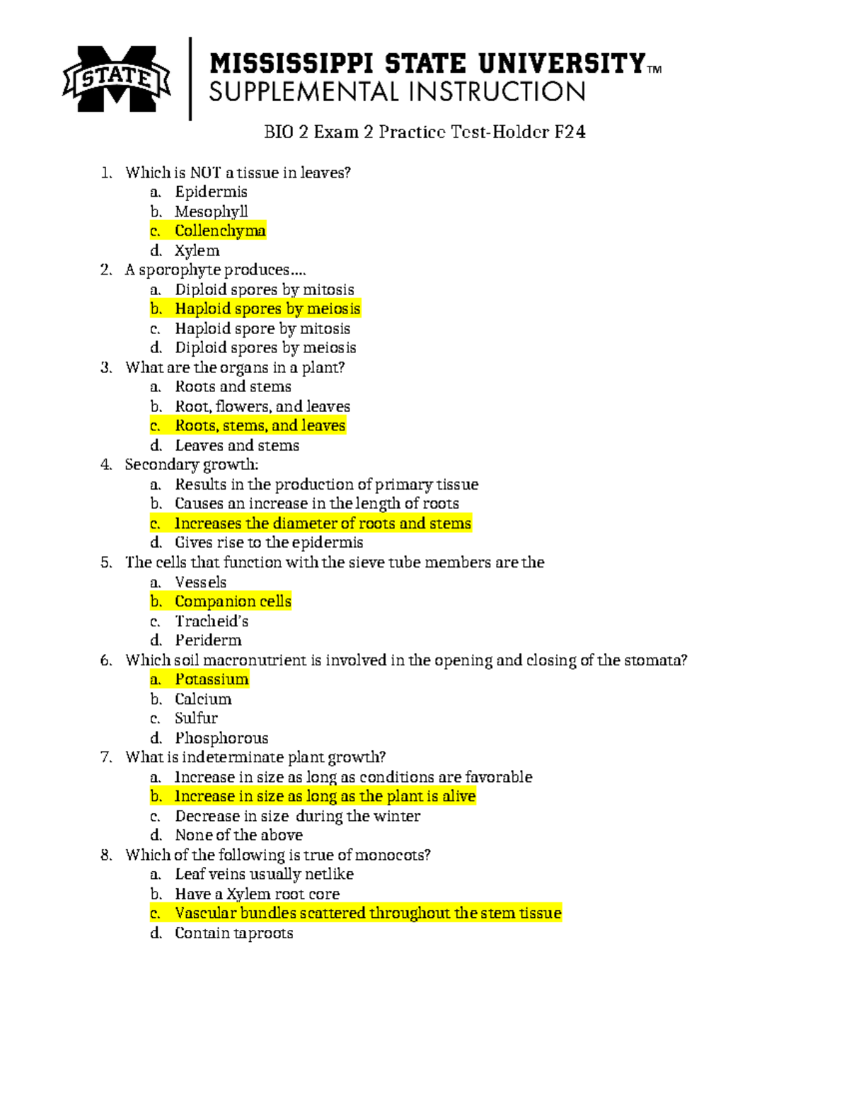 BIO 2 Exam 2 Practice Test-Holder F24 KEY - BIO 2 Exam 2 Practice Test ...