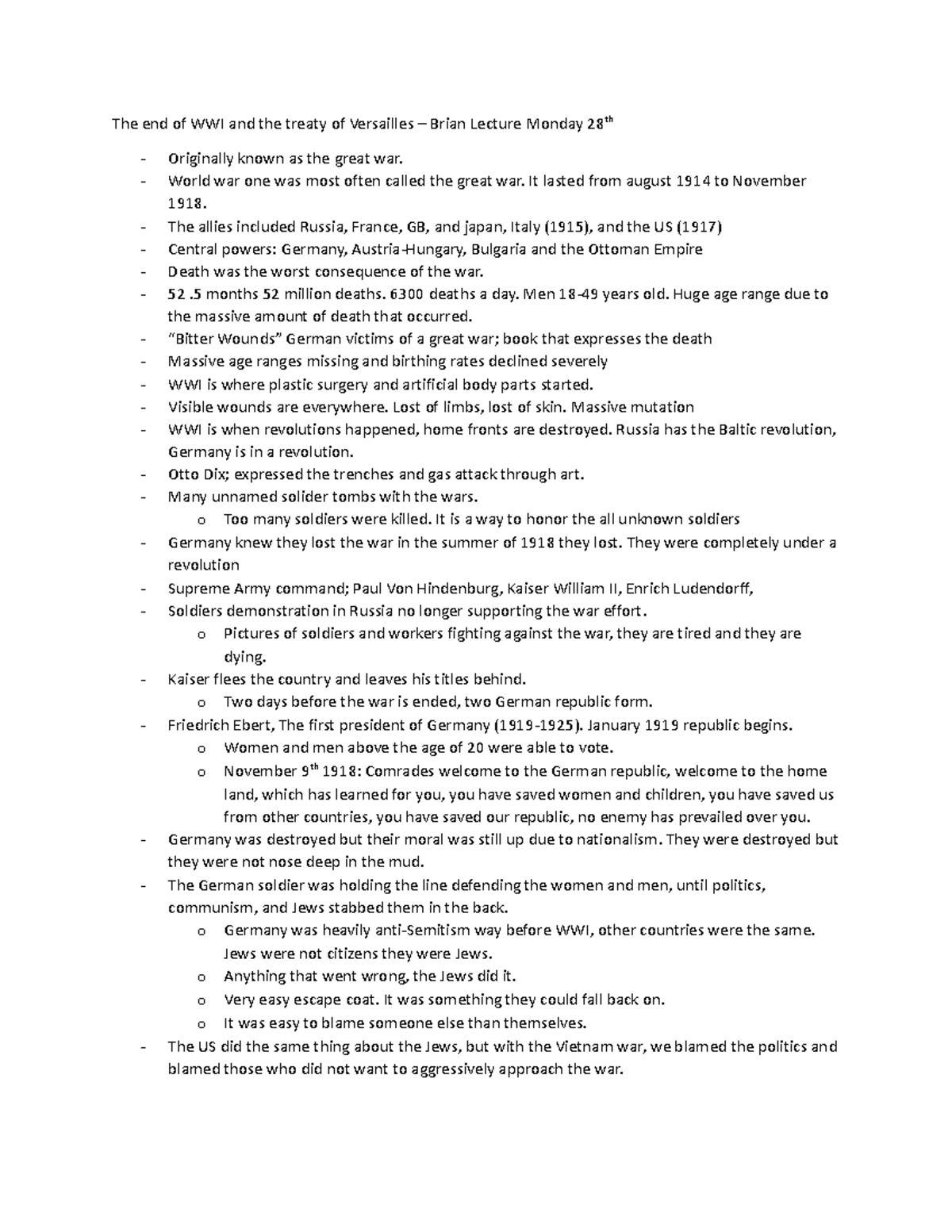 The end of WWI and the treaty of Versailles - World war one was most ...