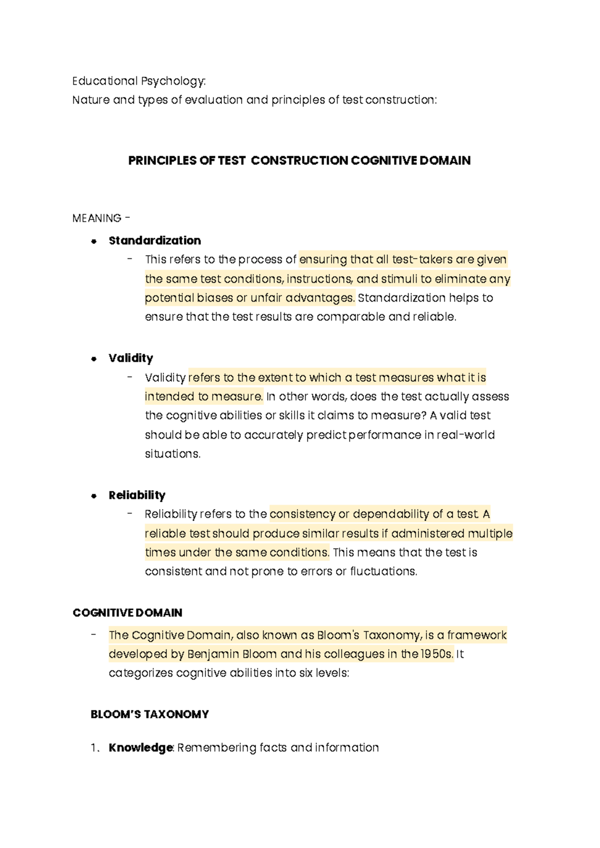 Principles of Test Construction Cognitive Domain - Educational ...