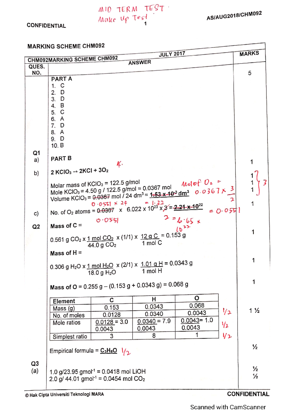 Answer scheme test 2019 - Foundation In Chemistry - UiTM - Studocu