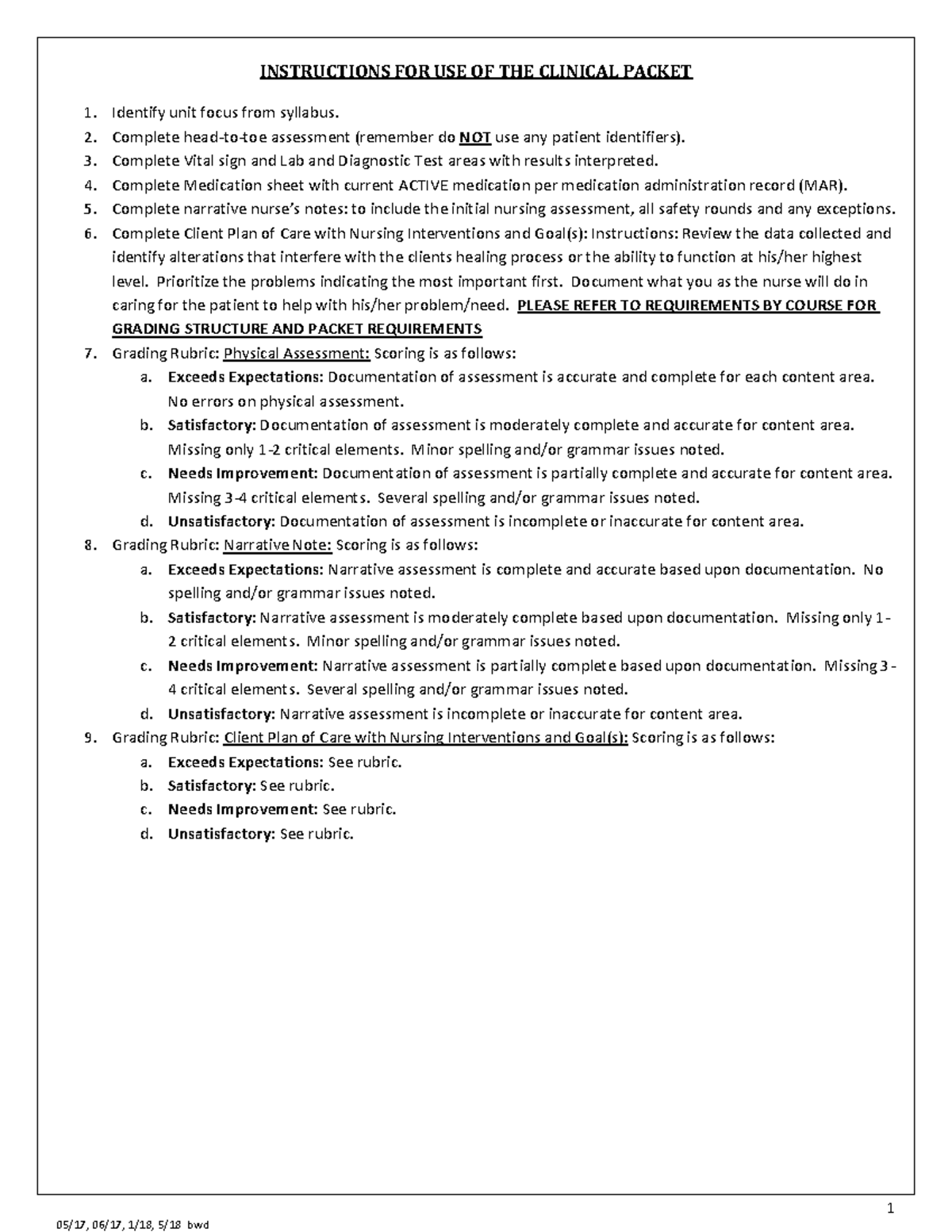 Clinical packet week 10 - 1 INSTRUCTIONS FOR USE OF THE CLINICAL PACKET ...