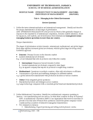 Tutorial Sheet 4A - Unit 4A - UNIVERSITY OF TECHNOLOGY, JAMAICA SCHOOL OF BUSINESS ...