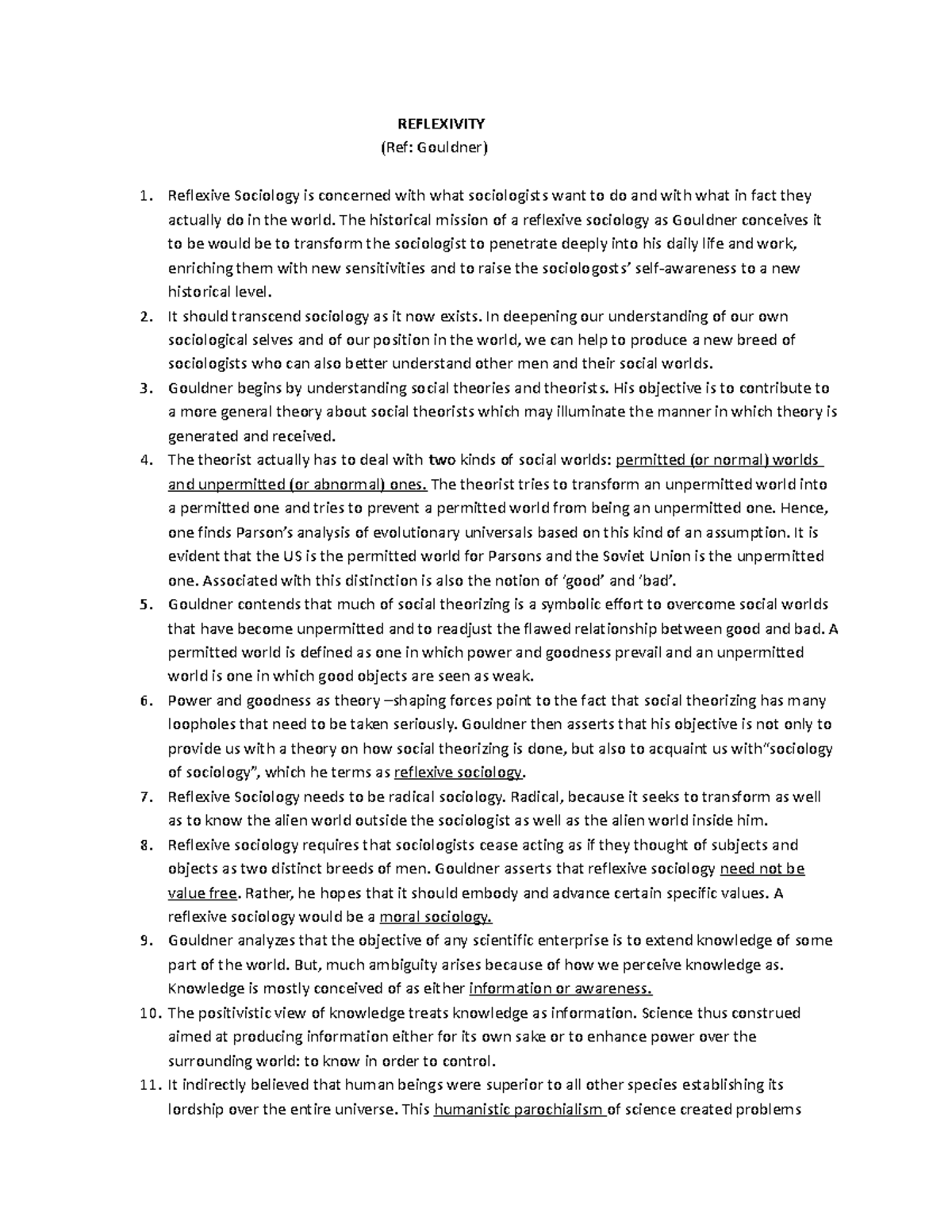 Reflexivity handout - ba hons Sociology - REFLEXIVITY (Ref: Gouldner ...