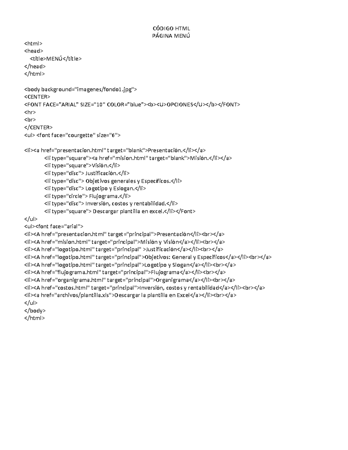 Código HTML - Codigos para pagina html - CÓDIGO HTML PÁGINA MENÚ - Studocu