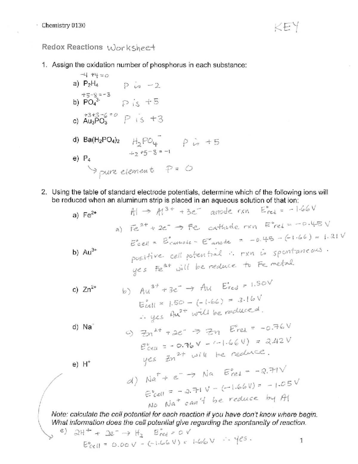 Dry Lab 5 Redox Reaction Worksheet KEY - Chem 0130 - Studocu