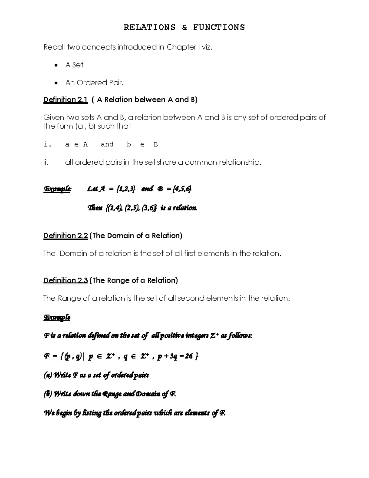 Functions - math - RELATIONS & FUNCTIONS Recall two concepts introduced in Chapter I viz. • A ...