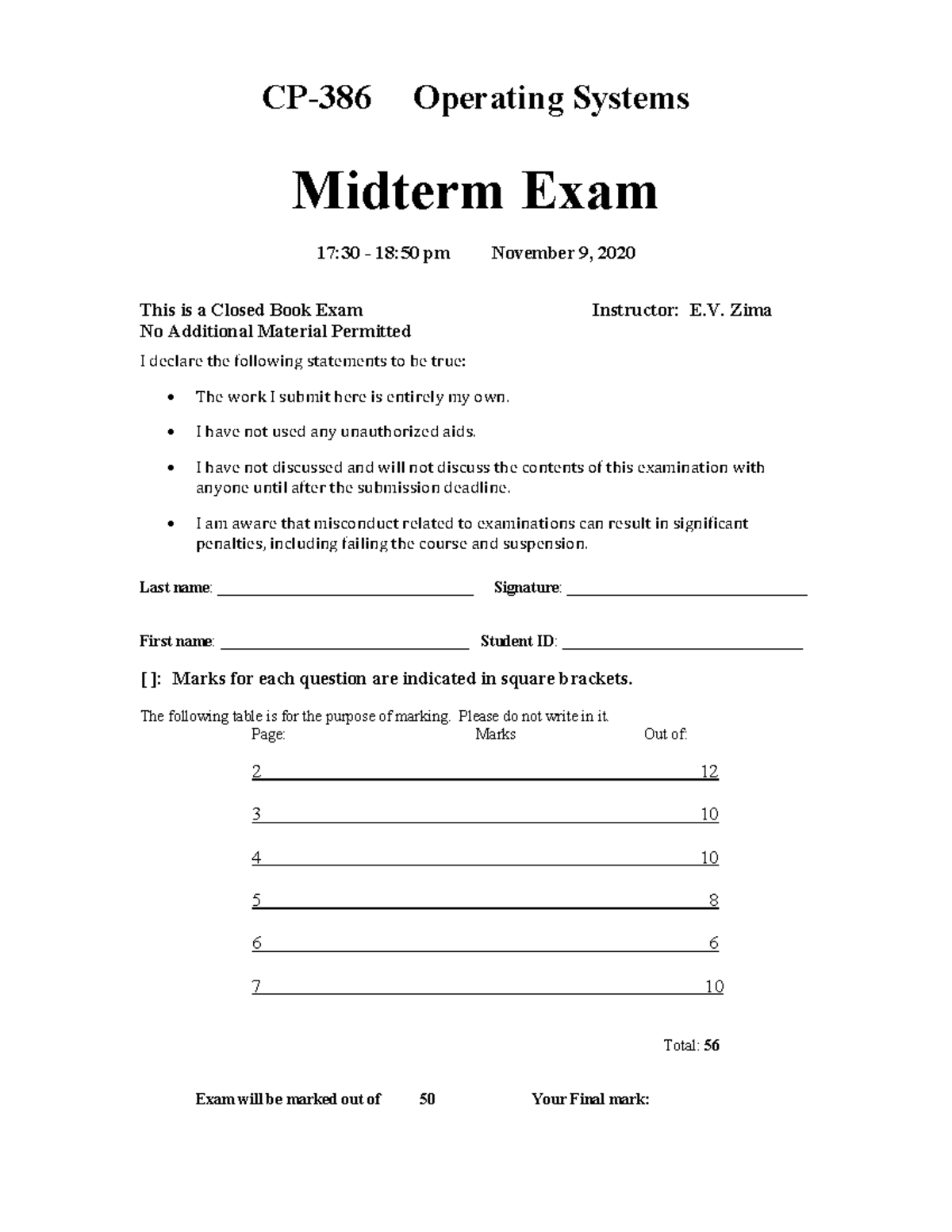 Cp386 midterm F2020-1 - zima - CP- 386 Operating Systems Midterm Exam ...