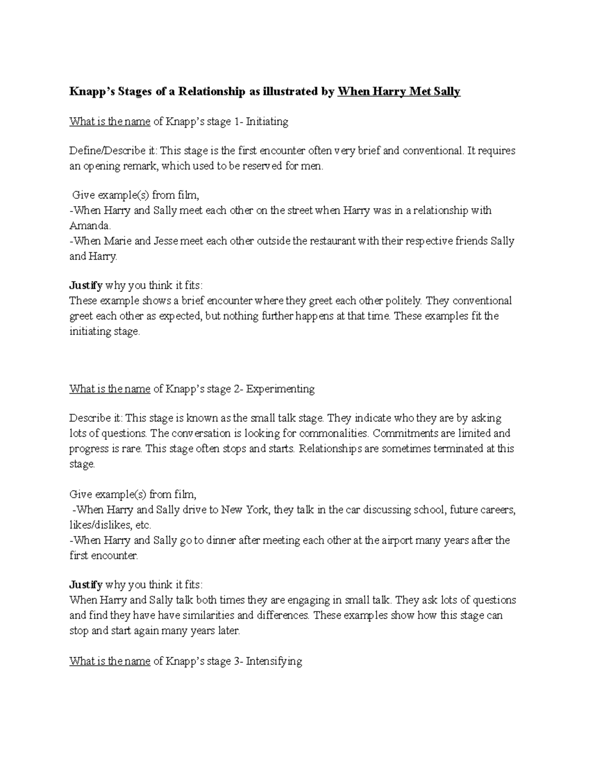 COMM 1700 - Knapp - Assignment - Knapp’s Stages of a Relationship as ...