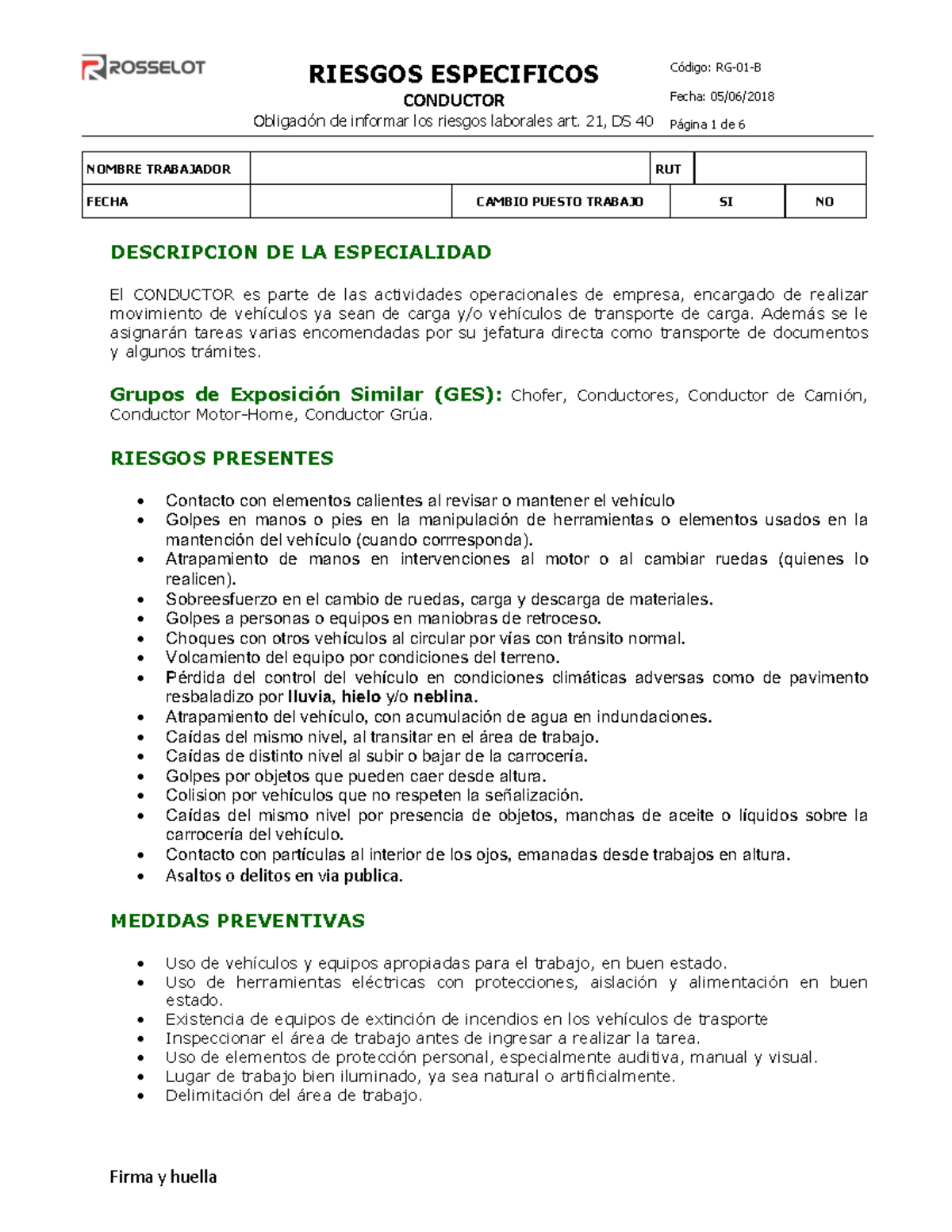 ODI PARA Conductores DE Transporte - RIESGOS ESPECIFICOS CONDUCTOR Obligación de informar los ...
