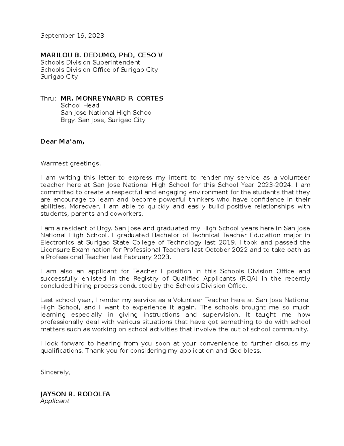 Jayson application letter - September 19, 2023 MARILOU B. DEDUMO, PhD ...