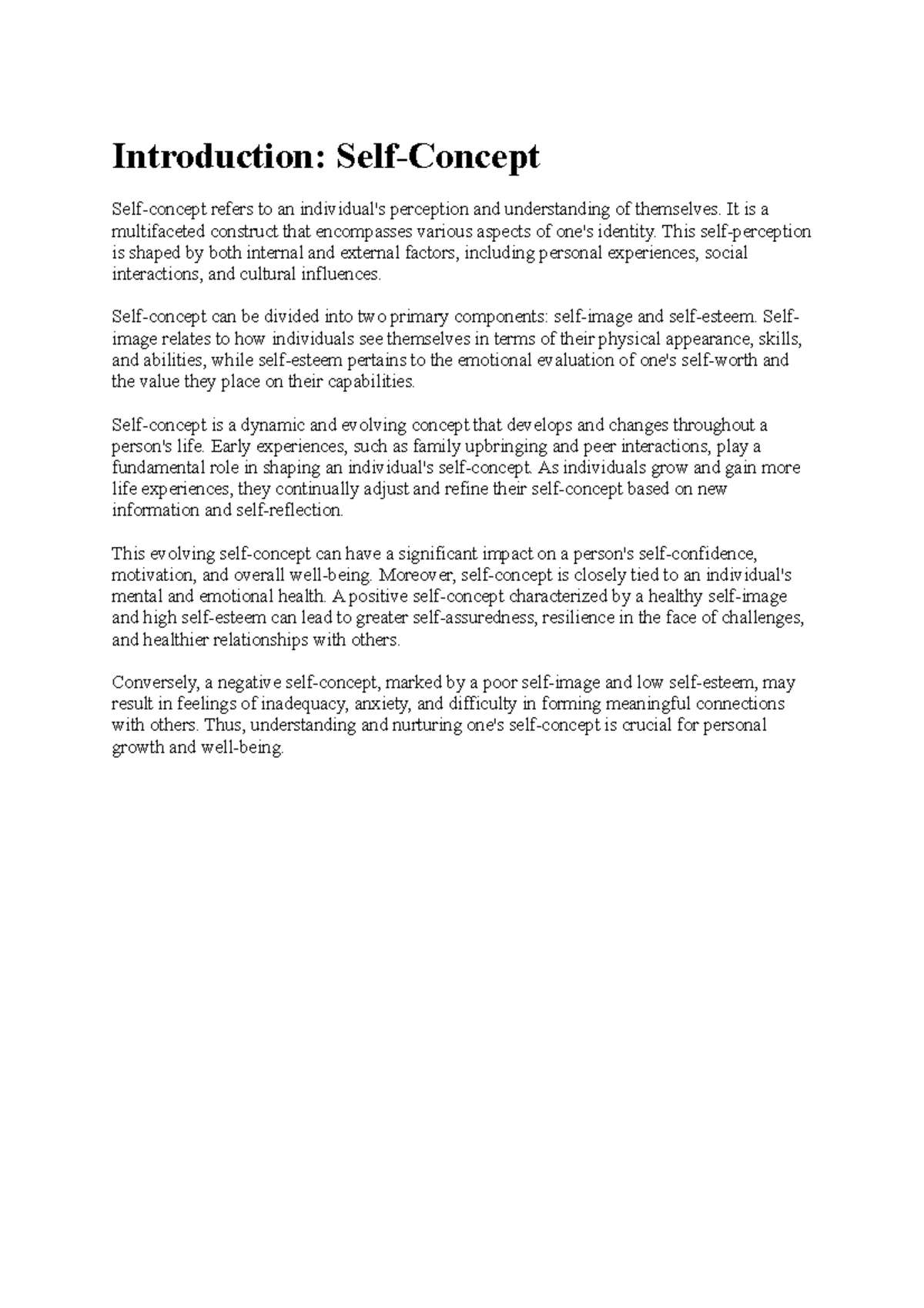 Self concept intro - Introduction: Self-Concept Self-concept refers to ...