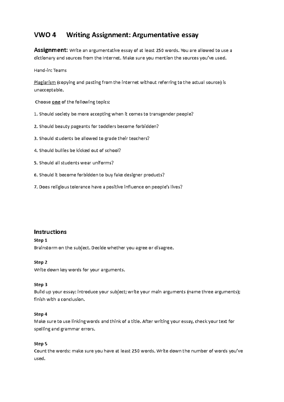 VWO 4 Writing Assignment Argumentative Essay Topics - VWO 4 Writing ...