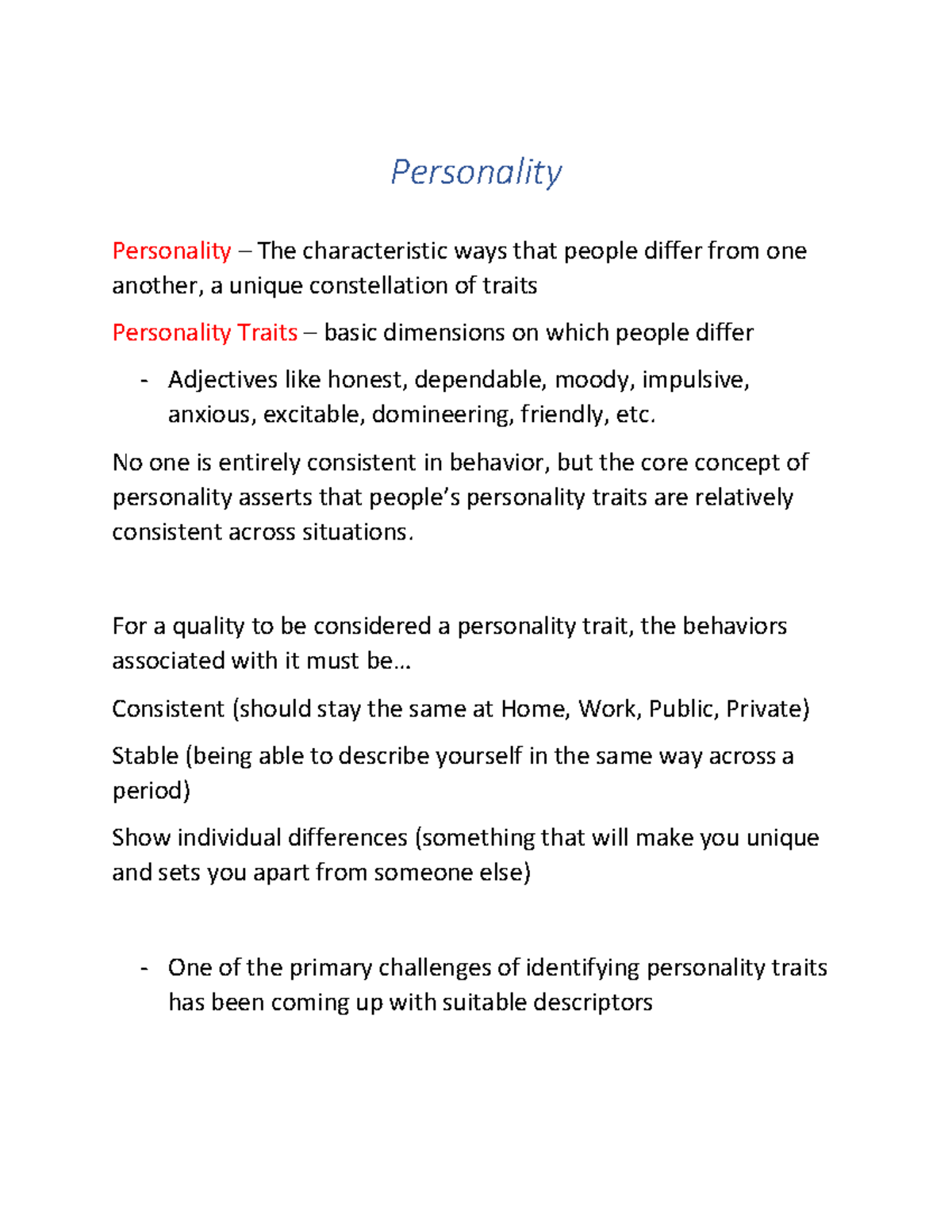 Personality Notes - Personality Personality – The characteristic ways ...