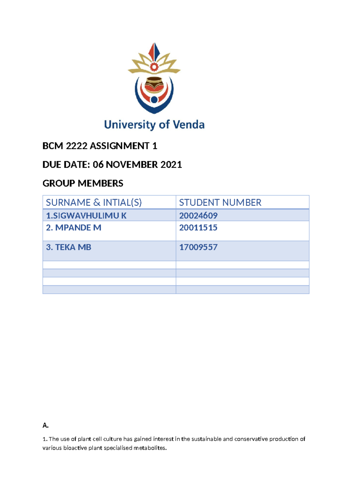 BCM 2222 Assignment 1 - Summary Biochemistry - BCM 2222 ASSIGNMENT 1 ...