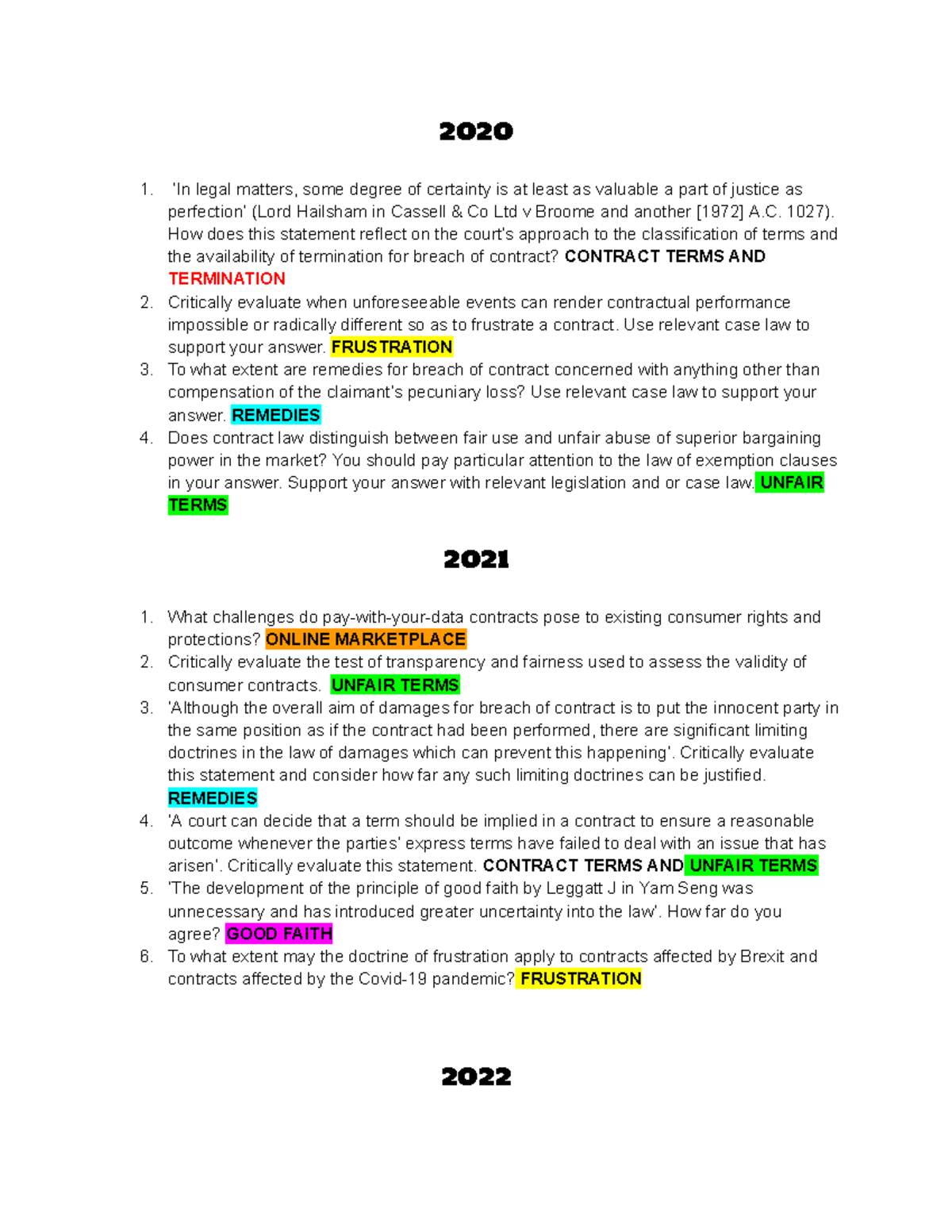 Breakdown of Contract Past Questions - 2020 1. ‘In legal matters, some ...