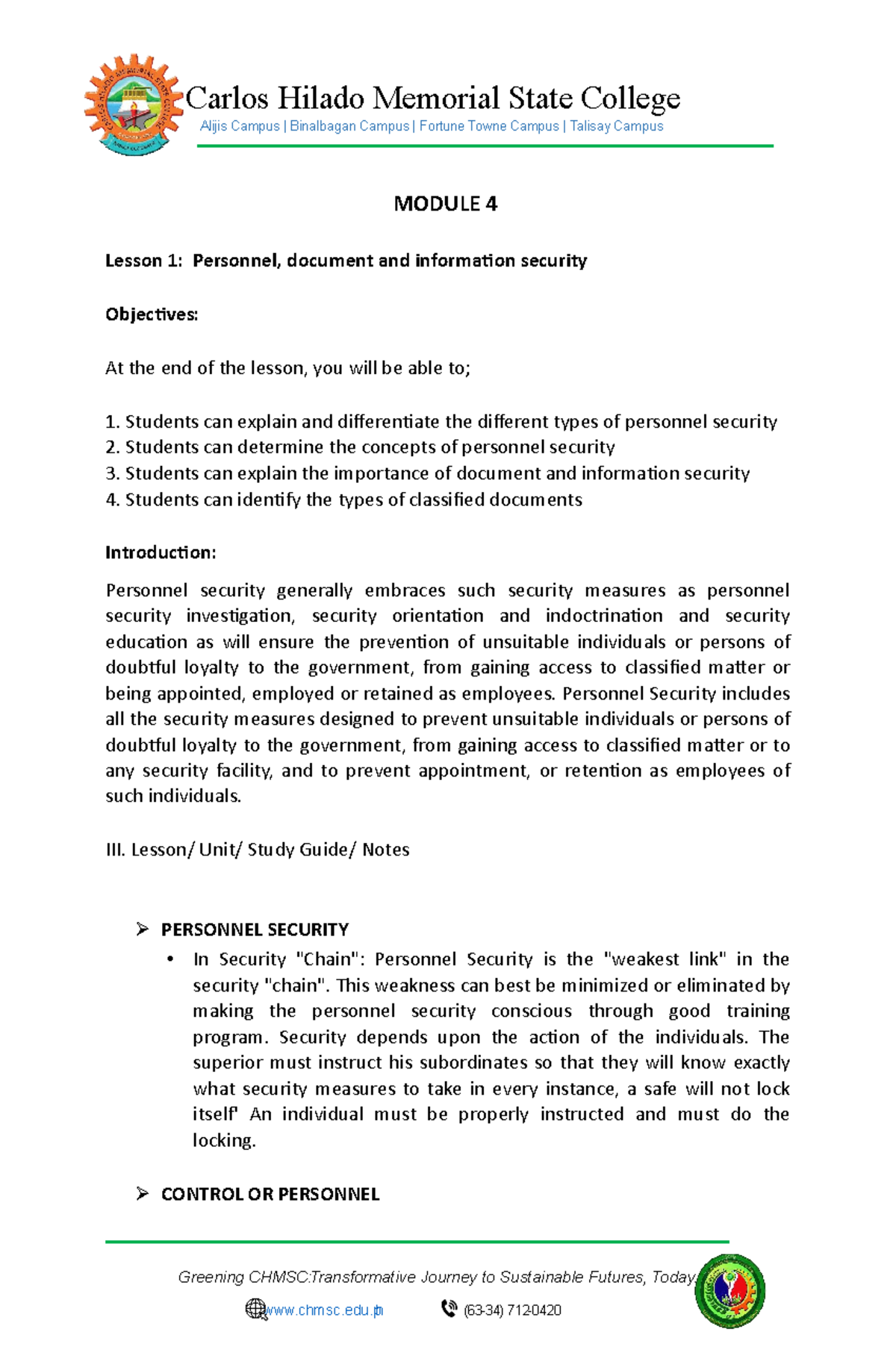 Module 4 LEA 103 - Lecture notes 1 - Greening CHMSC: Transformative ...