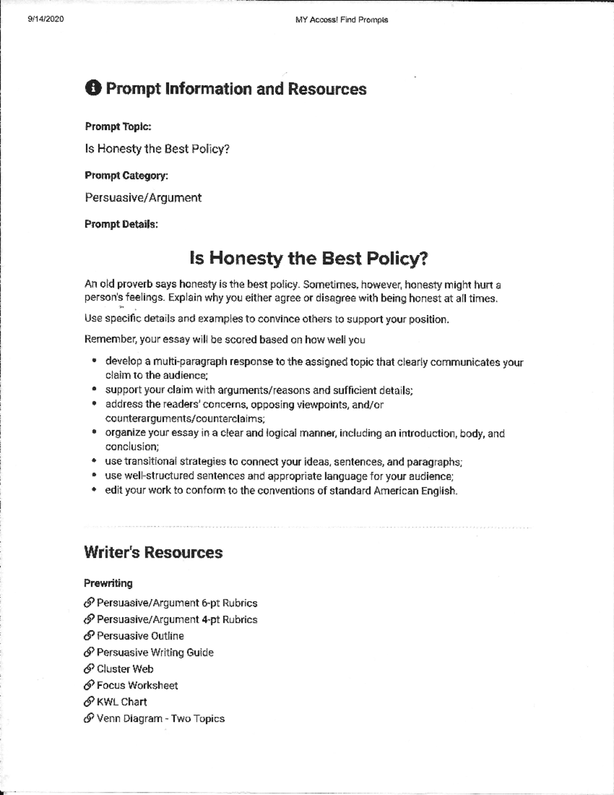 Obadiah Rodway - Is Honesty the Best Policy writing preassessment 1st ...