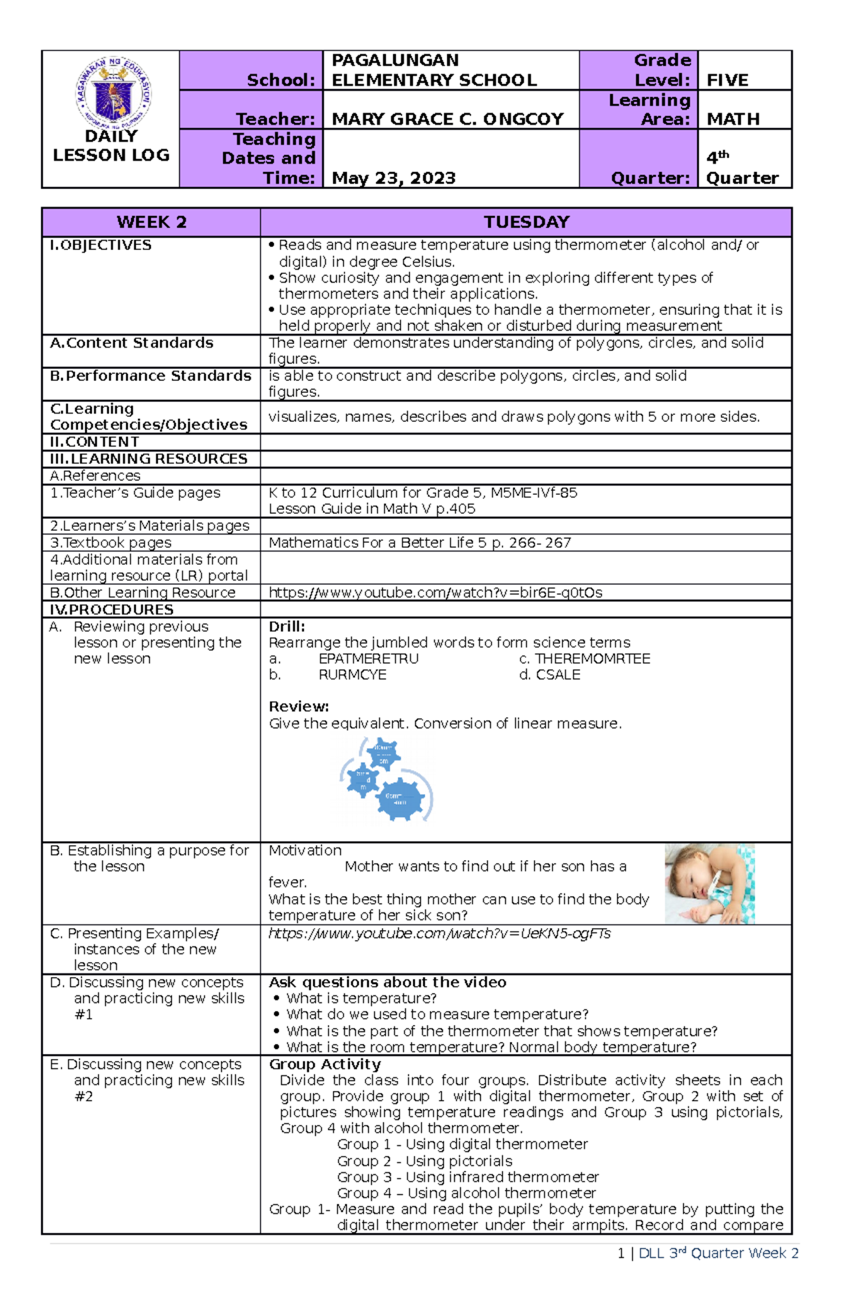 COT Math 4th Quarter Week 5 Reading Temperature - DAILY LESSON LOG School: PAGALUNGAN ELEMENTARY ...