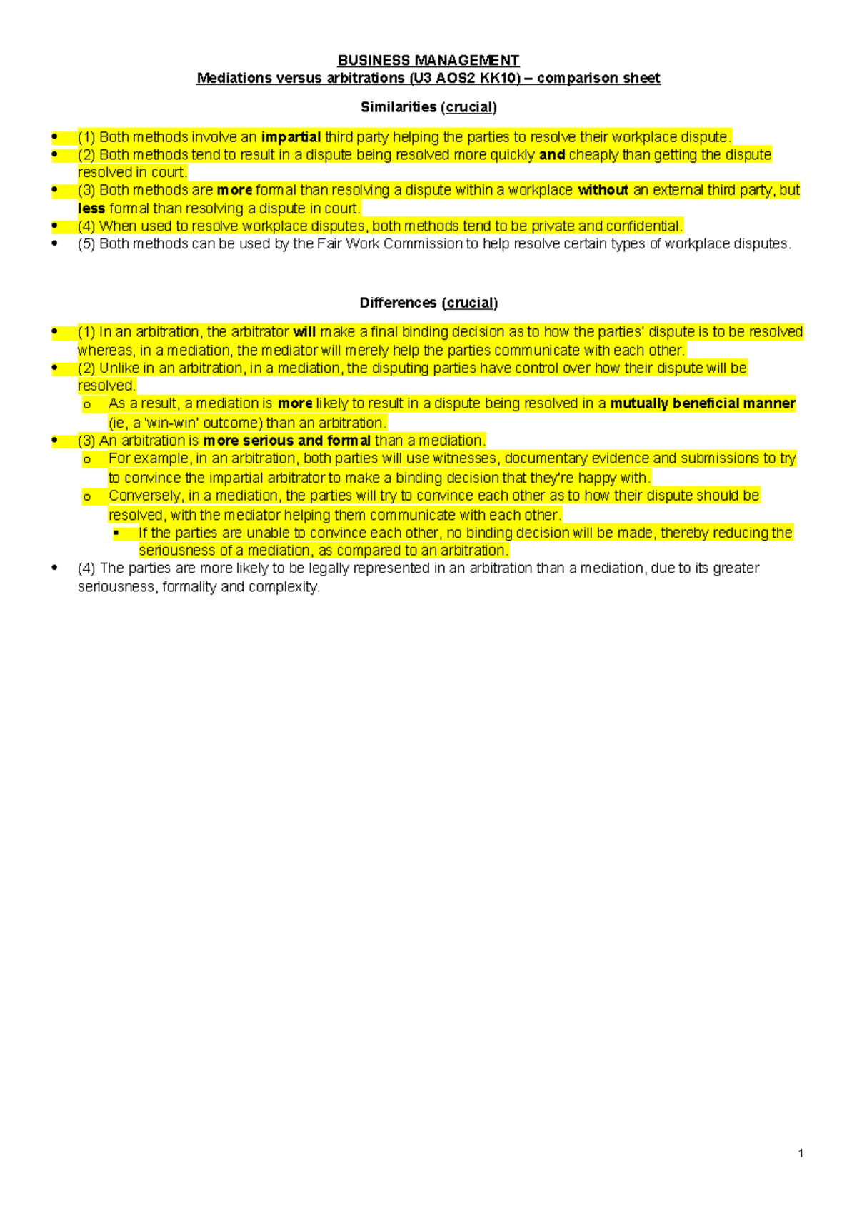 14b - KK10 - Mediations vs arbitrations - comparison sheet - BUSINESS ...