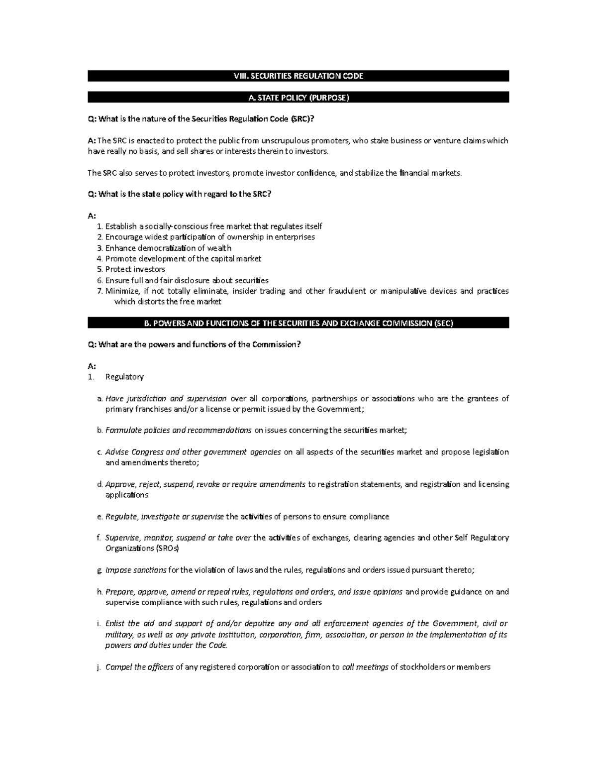 SRC - Lecture notes 1 - VIII. SECURITIES REGULATION CODE A. STATE ...