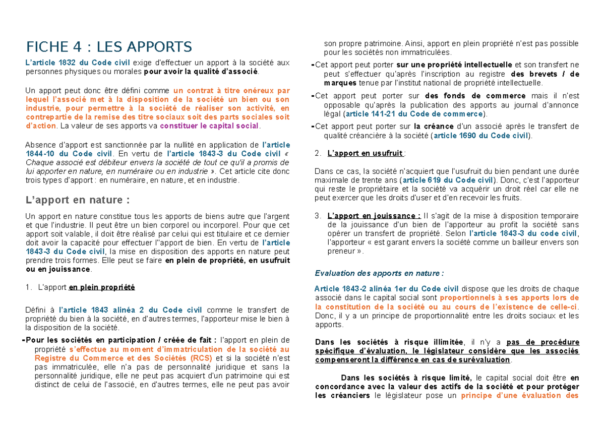 Fiche 4 LES Apports - FICHE 4 : LES APPORTS L’article 1832 du Code ...