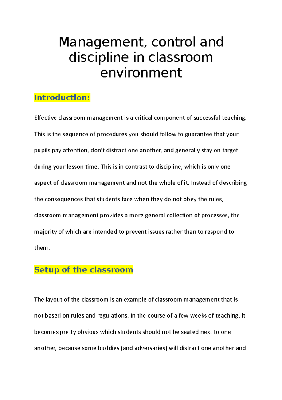 Management, control and discipline in classroom environment ...
