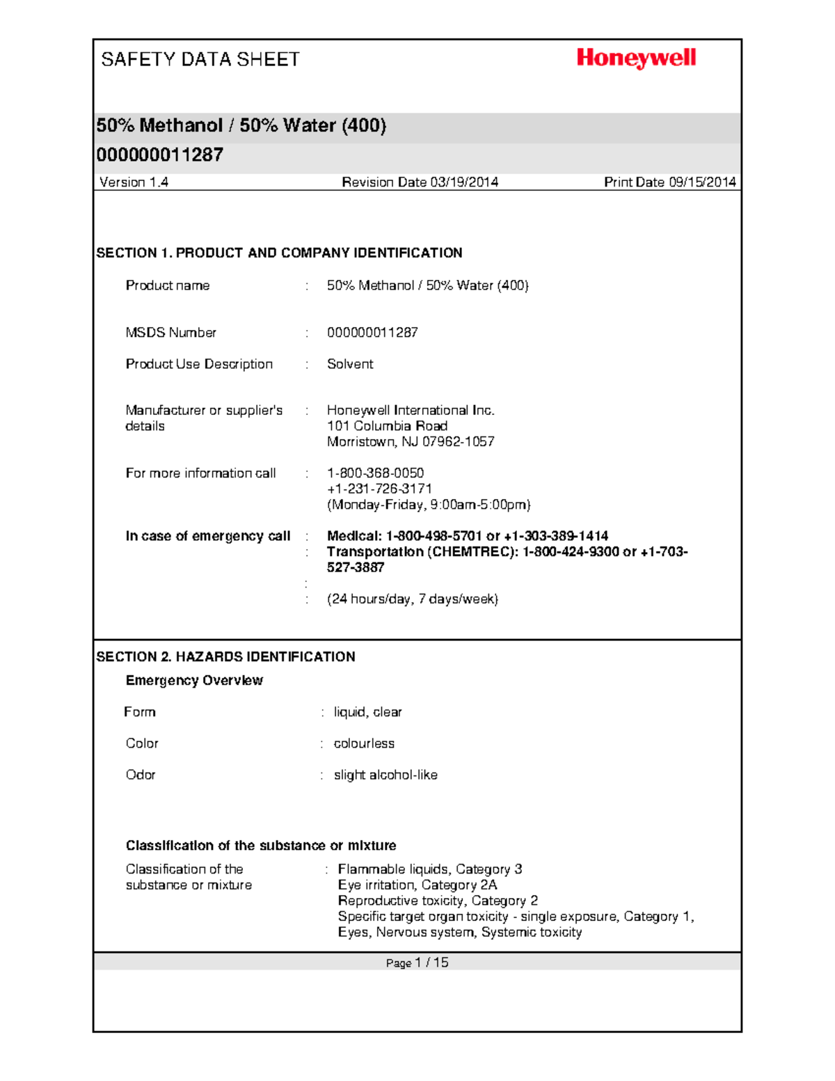 Safety data sheet - informatie verkregen over veiligheid - 50% Methanol ...
